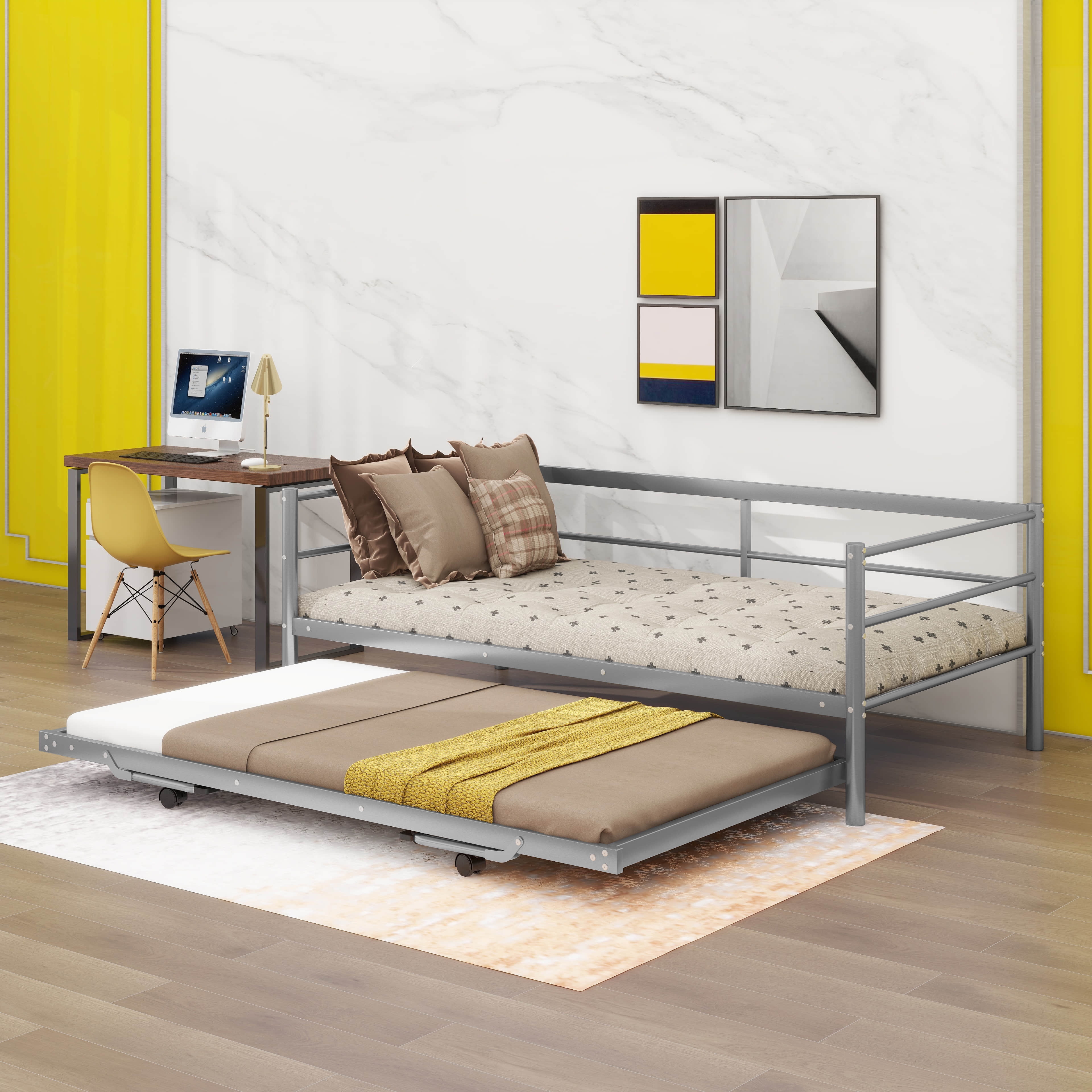 YunNianYang Twin Size Silver Metal Daybed with Adjustable Trundle, Pop ...