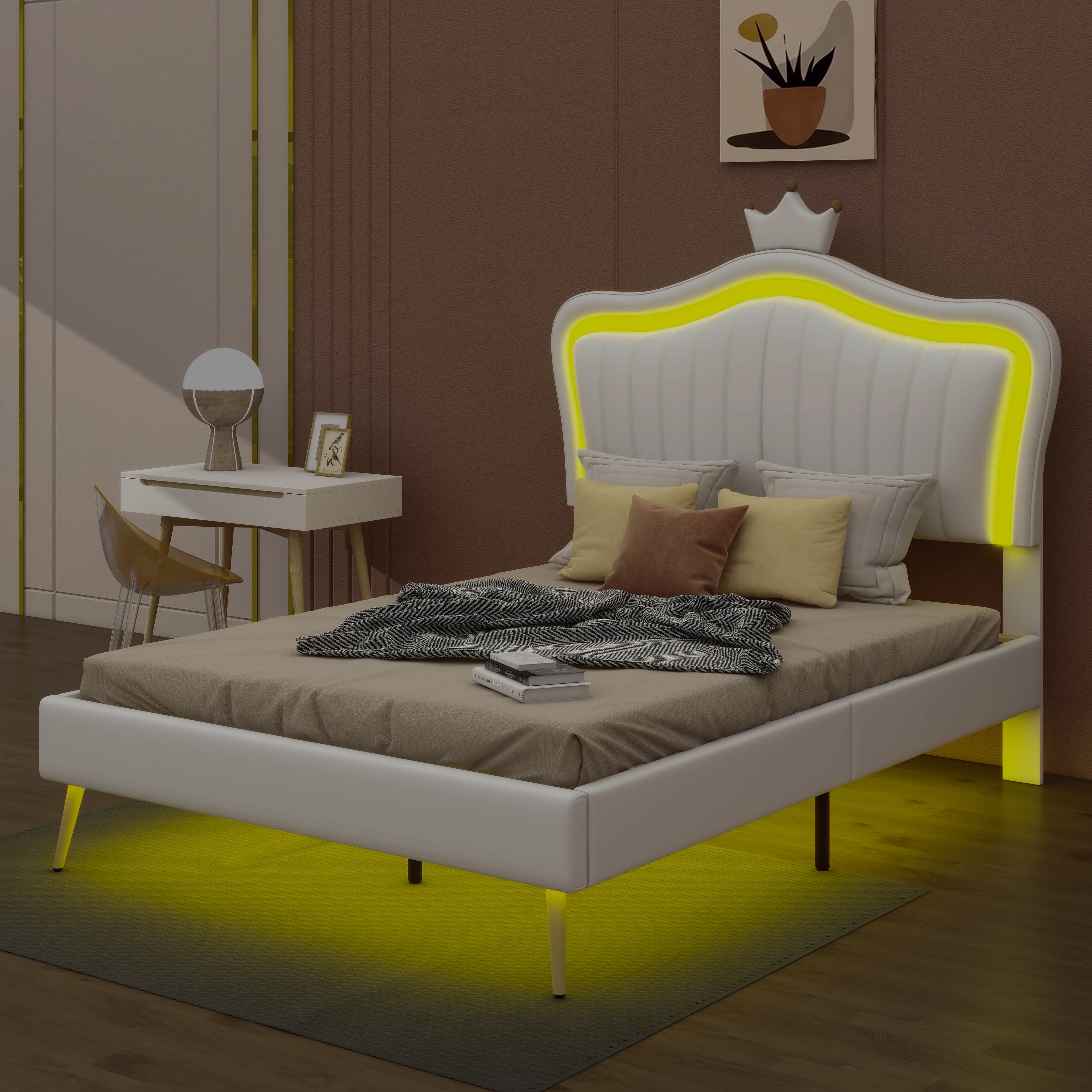 YunNianYang Twin Size White Upholstered Bed Frame with LED Lights ...