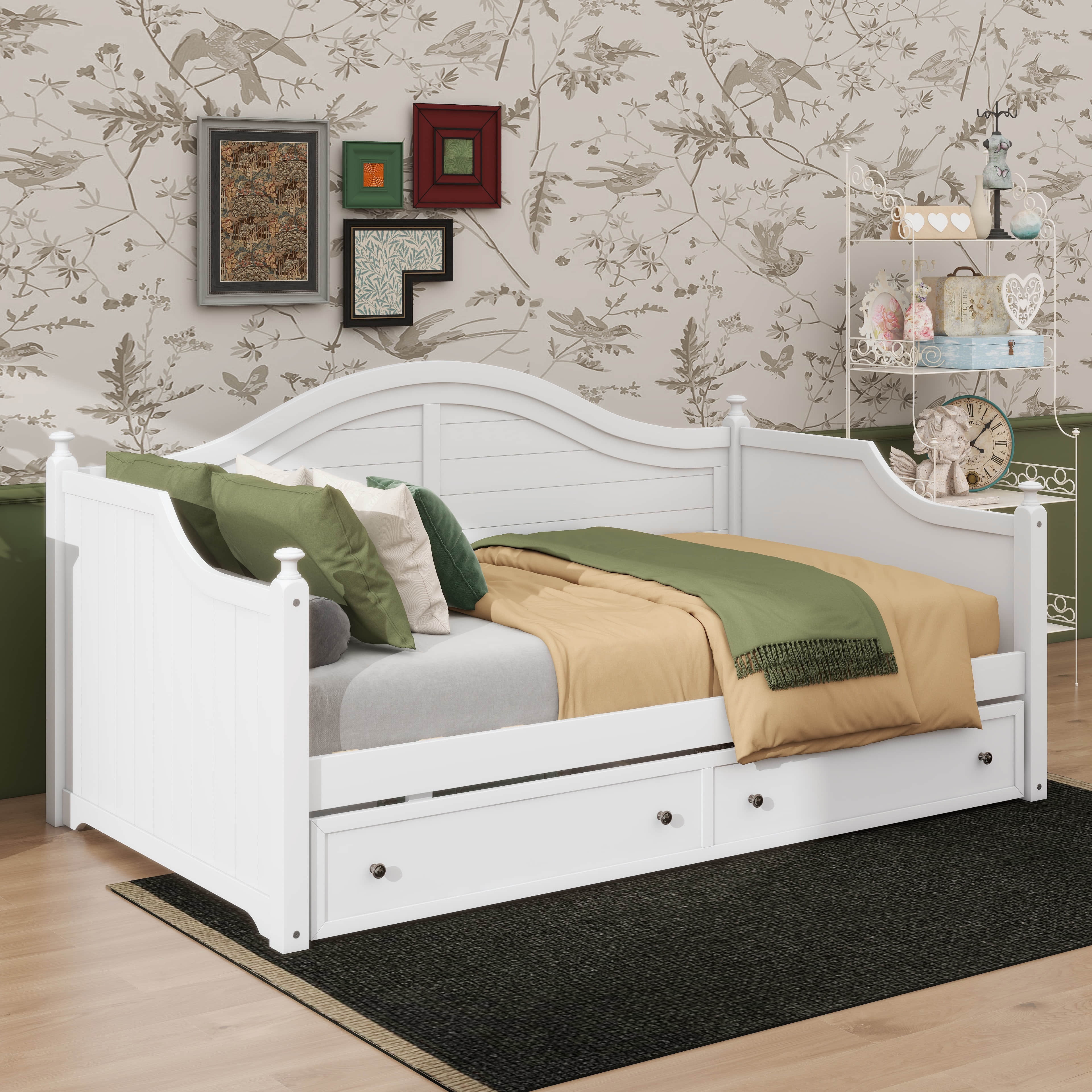 YunNianYang Twin Size White Wood Daybed with 2 Storage Drawers,Wooden ...