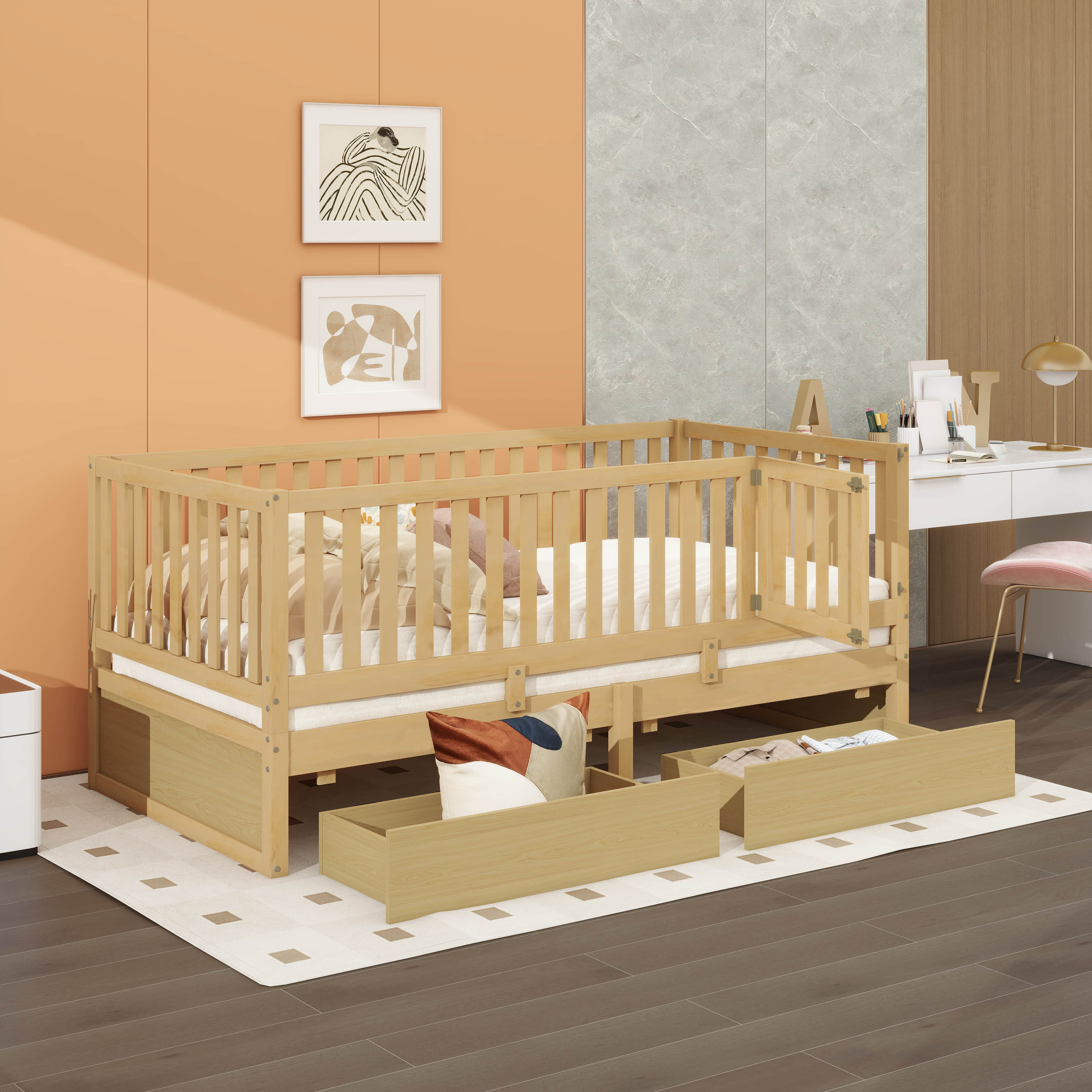 YunNianYang Twin Size Natural Wood Daybed with Fence Guardrails and 2 ...