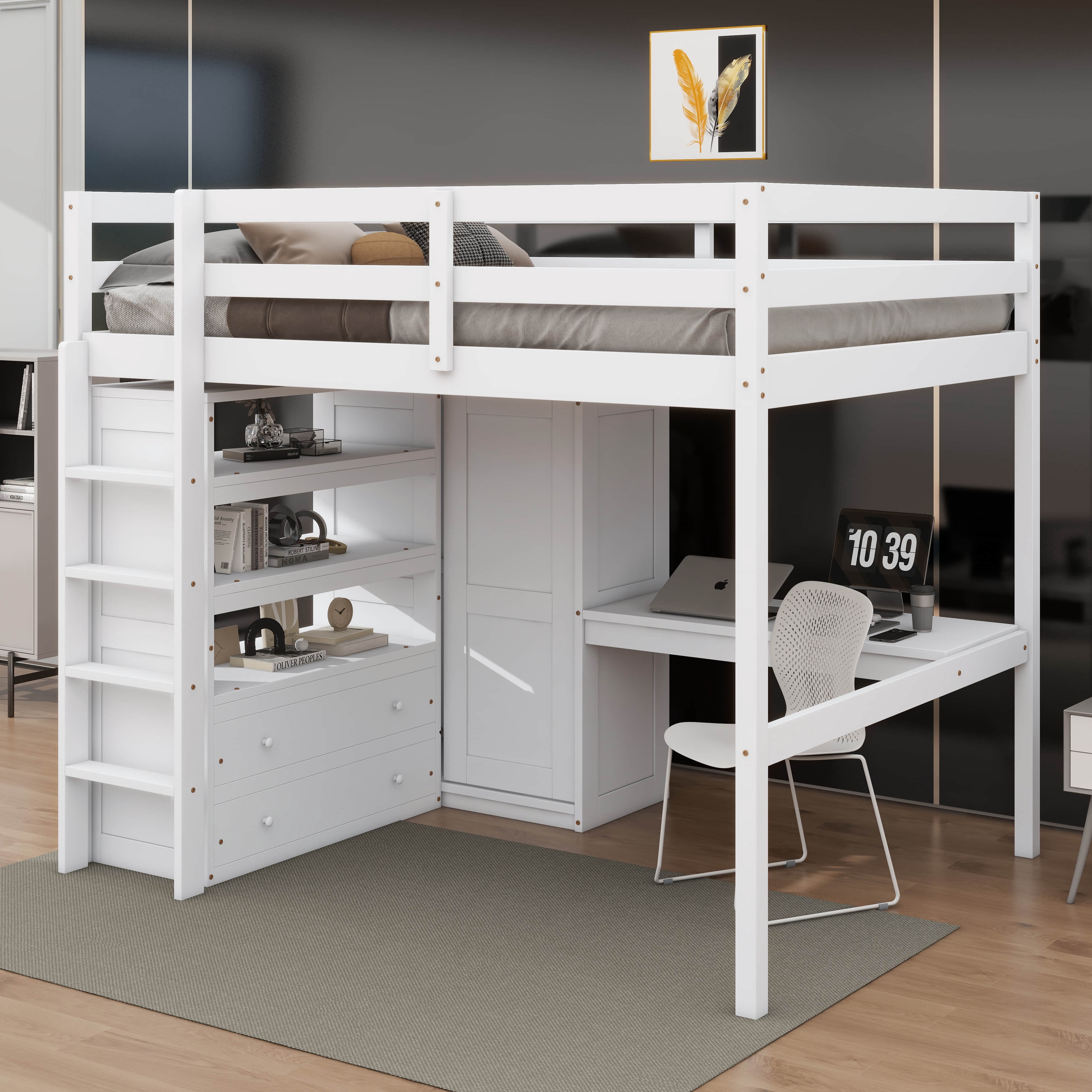 YunNianYang Wood Full Size White Loft Bed with Built-in Wardrobe, Desk ...