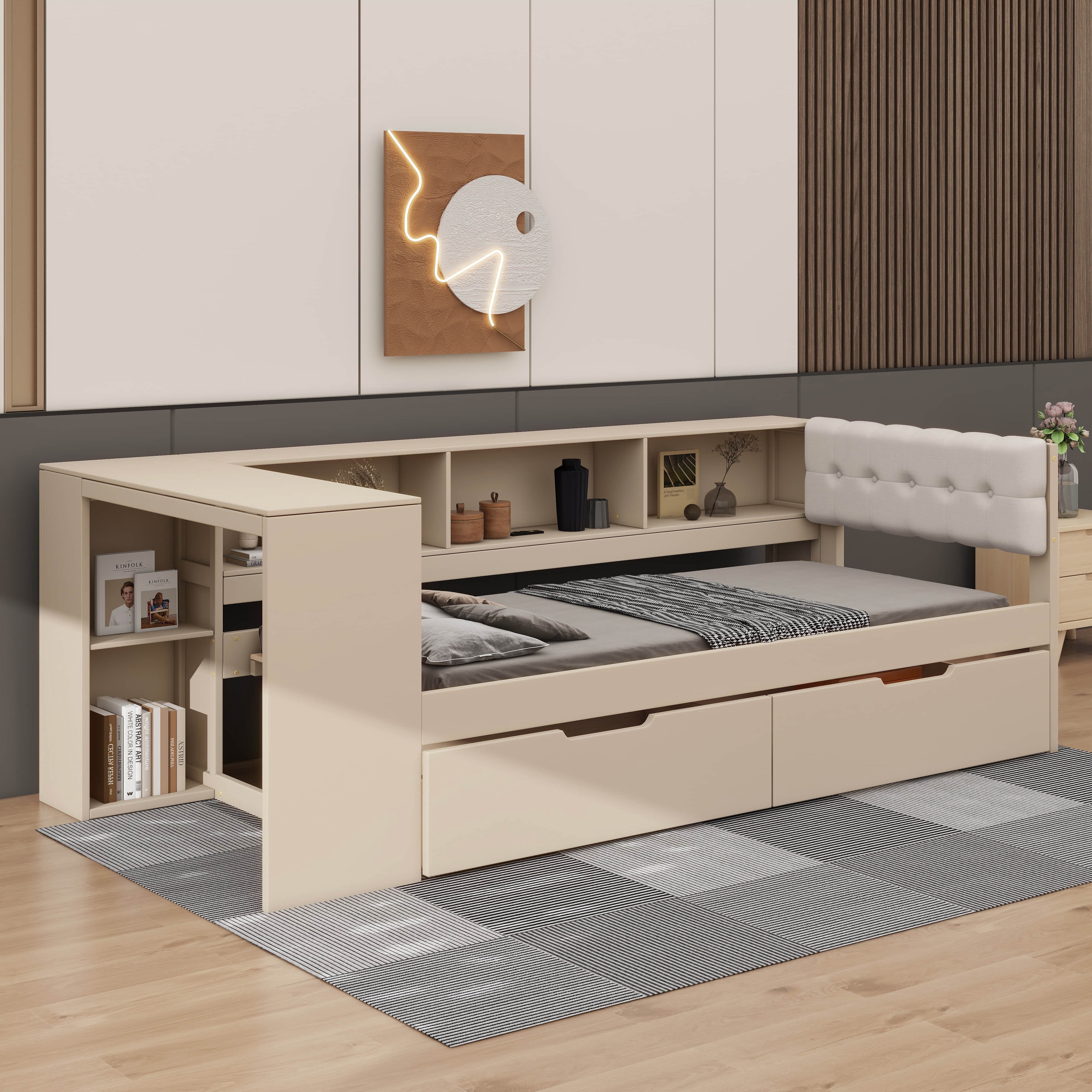 YunNianYang Wood Twin Size Cream Platform Bed with Storage Shelves ...