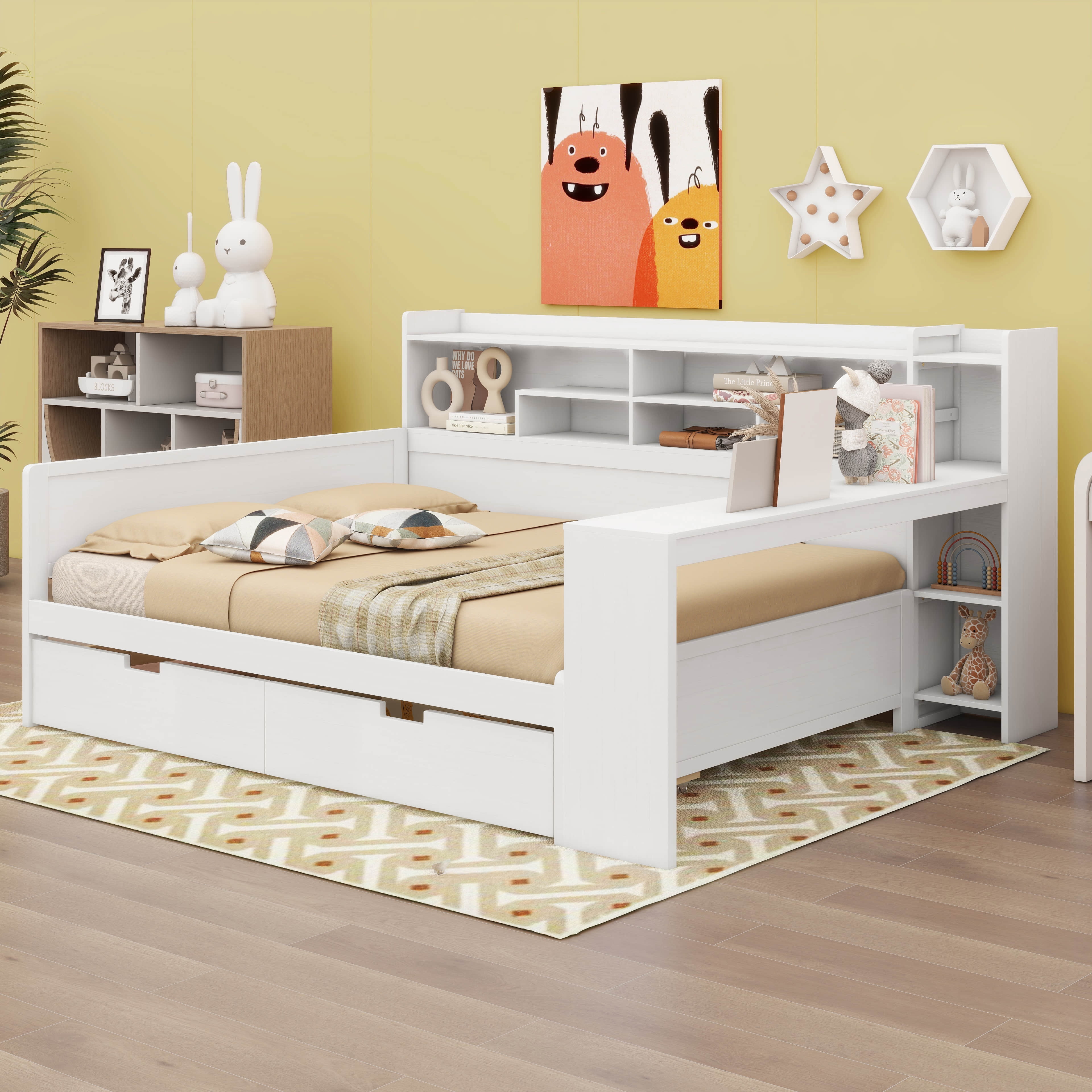 YunNianYang Wooden Full Size Antique White Daybed with Storage Shelves,Two Storage Drawers and ...