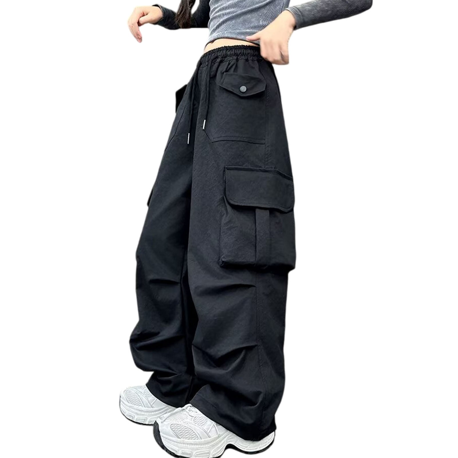 YunPes Girls Baggy Parachute Cargo Pants Elastic Waist Fold Wide Leg ...