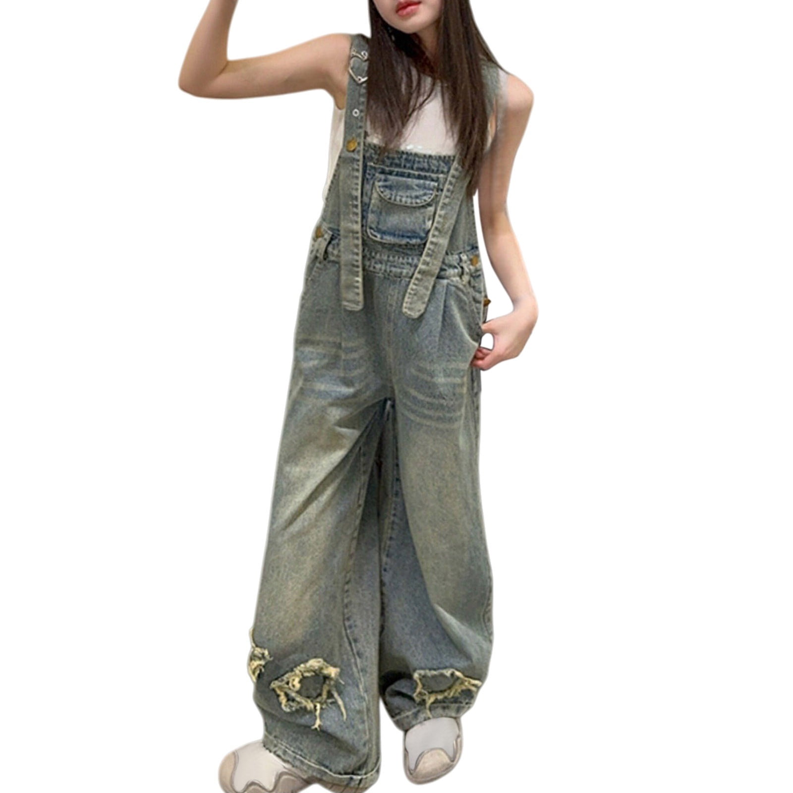 YunPes Teen Girls Baggy Denim Overalls for Kids Distressed Star Wide ...