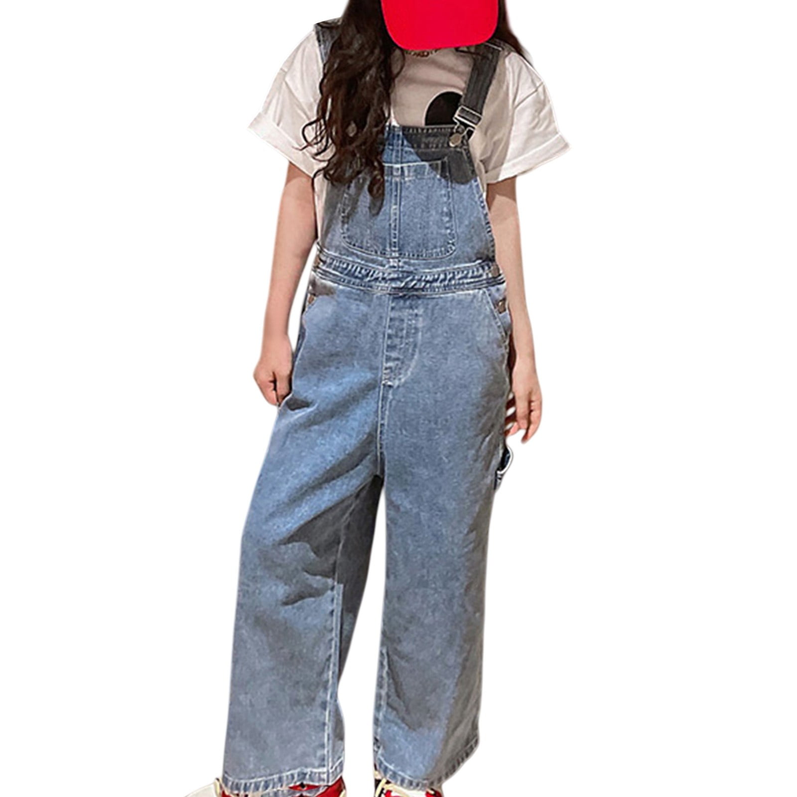 YunPes Teen Girls Preppy Denim Overalls for Kids Bib Straight Wide Leg ...