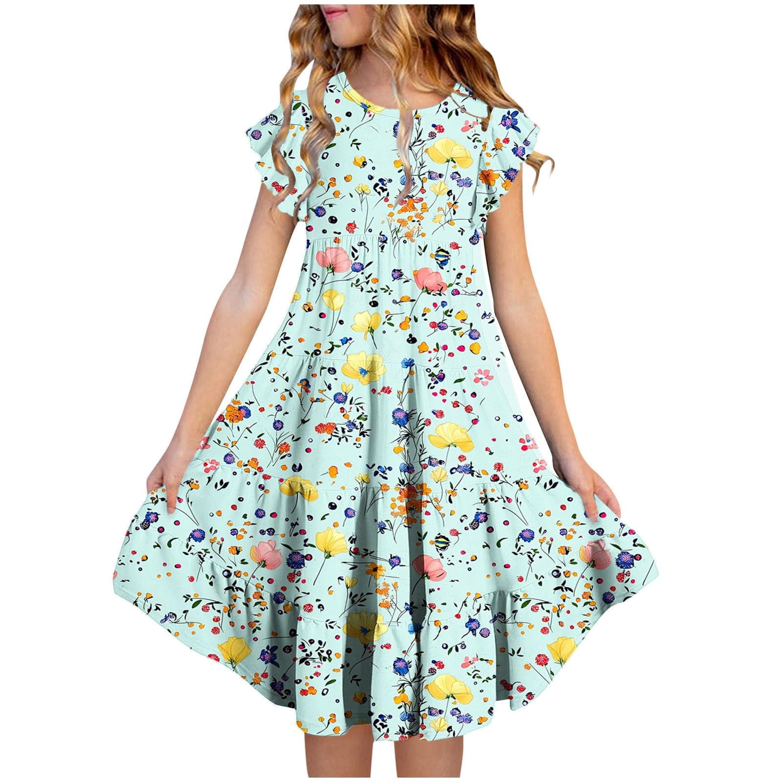 Yuncity Girls Dresses Flutter Sleeve Crew Neck Floral Print Pleated A ...