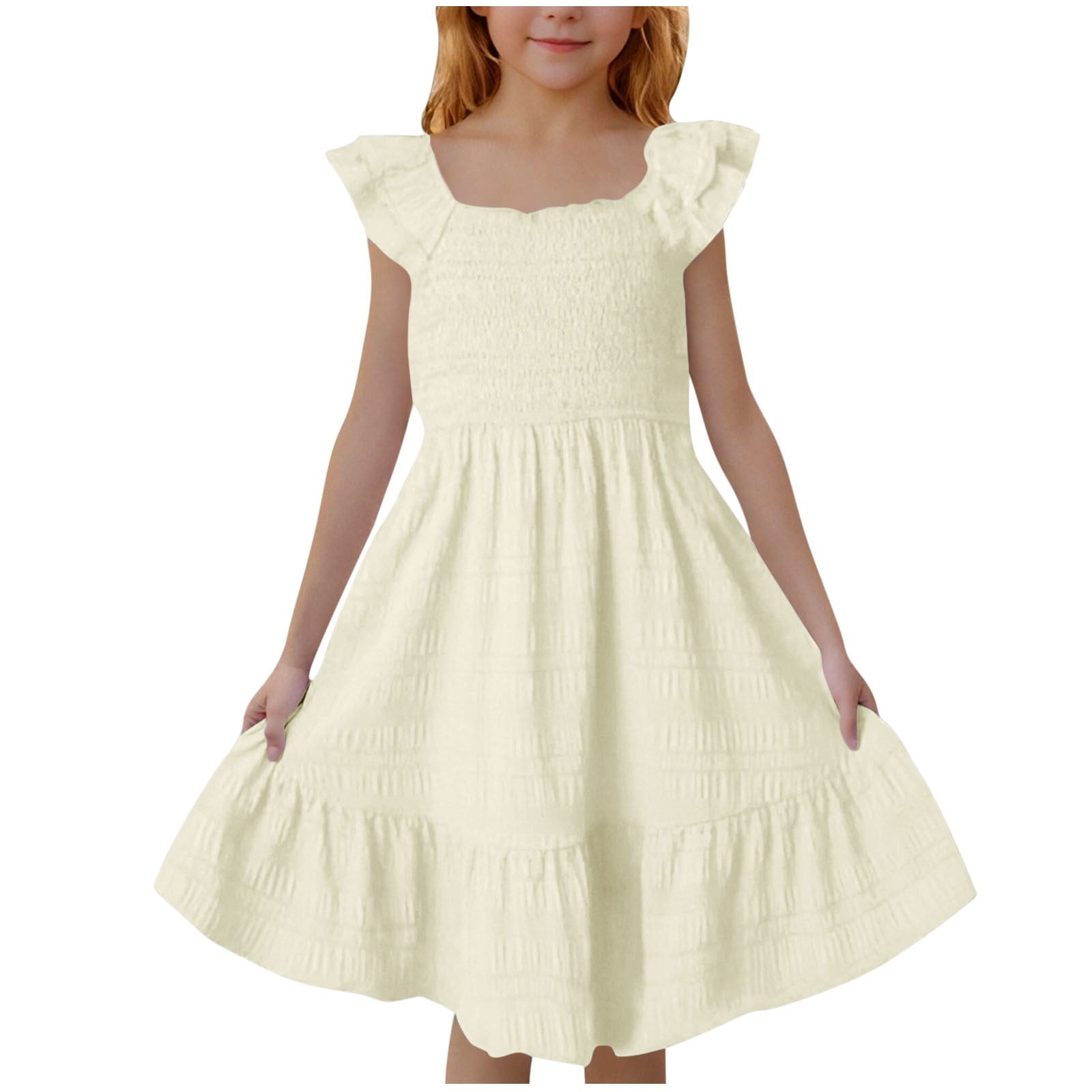 Yuncity Girls Dresses Flutter Sleeve Crew Neck Solid Color Pleated A ...