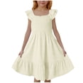 Yuncity Girls Dresses Flutter Sleeve Crew Neck Solid Color Pleated A ...