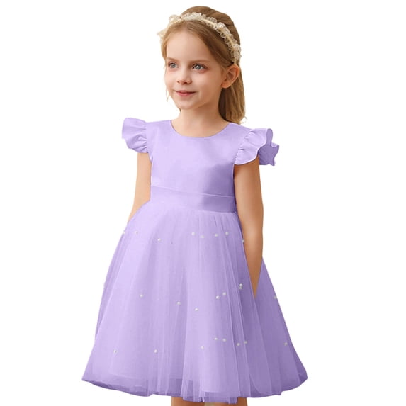 Yuncity Girls Skirts Flutter Sleeve Crew Neck Solid Color Tutu Mesh ...