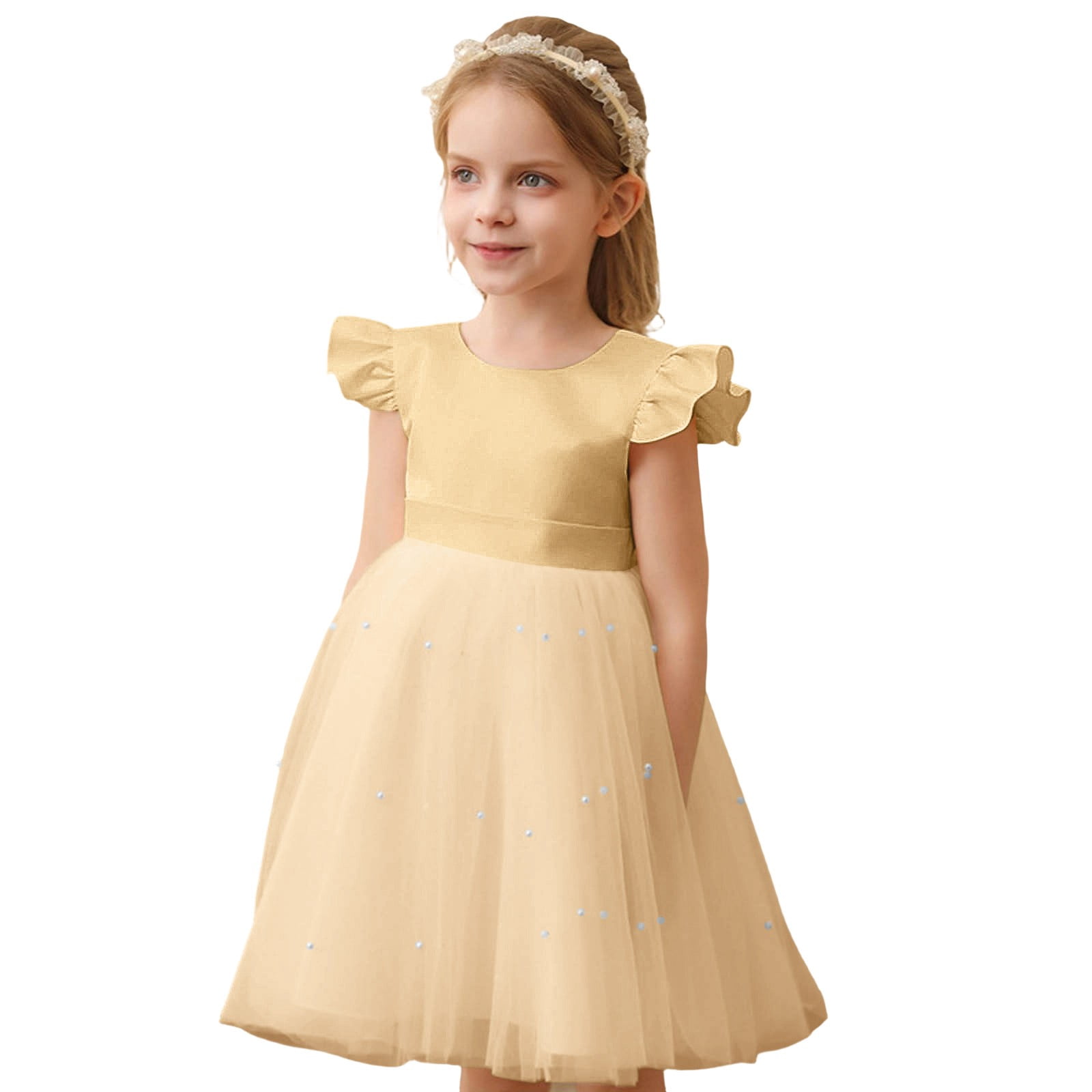 Yuncity Girls Skirts Flutter Sleeve Crew Neck Solid Color Tutu Mesh ...