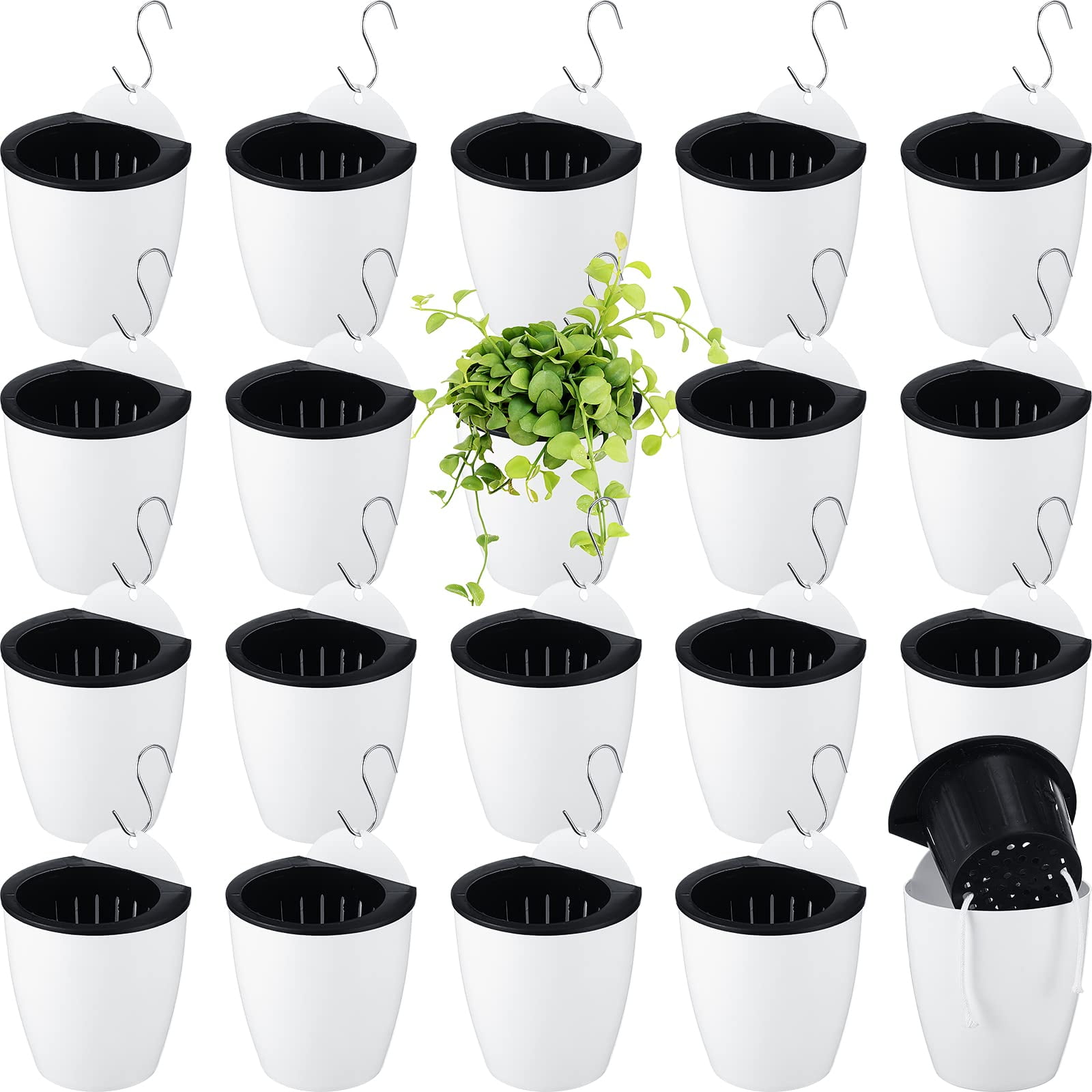 Yungyan 20 Sets 5" Self Watering Hanging Planter White Lazy Flower Pots Plastic Wall Propagation ...