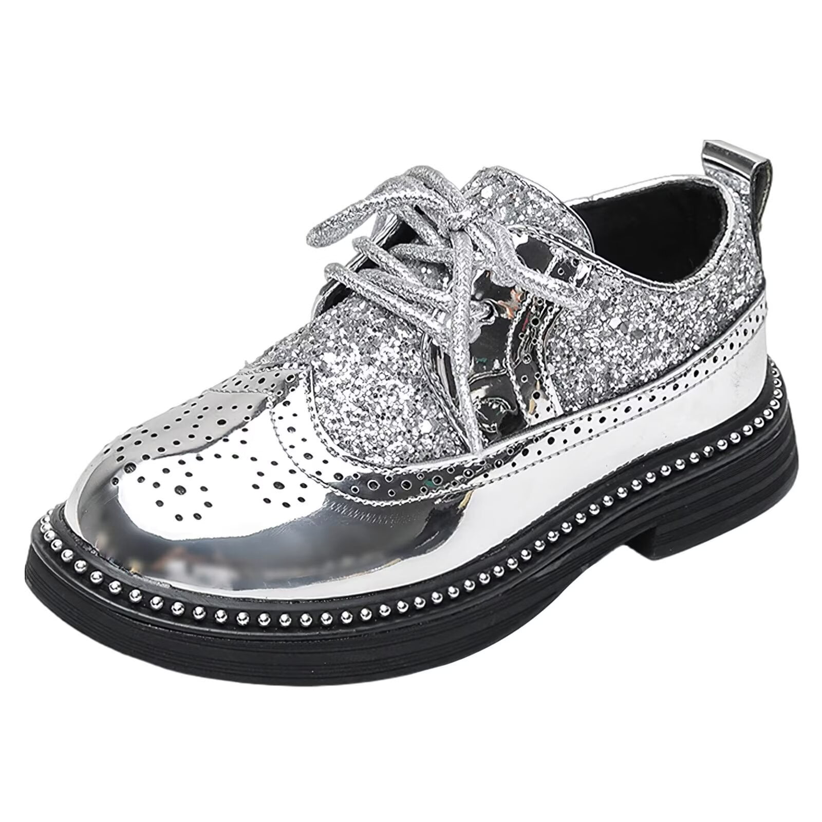 Yunkctuk Boys Girls Lace-up Oxfords Brogue Wingtip Shiny Sequin School ...