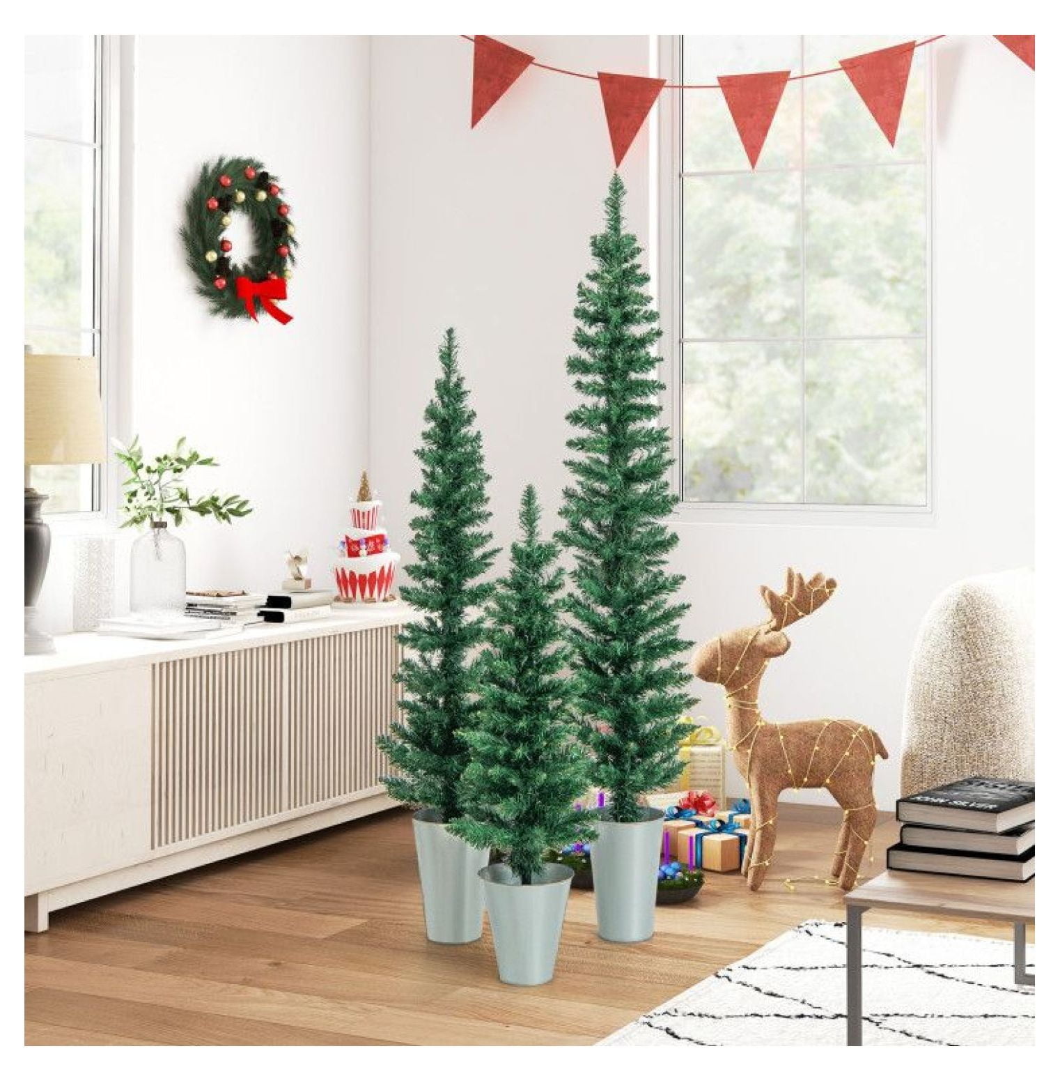 Yunken Set of 3 Potted Artificial Christmas Trees with Silver Metal ...