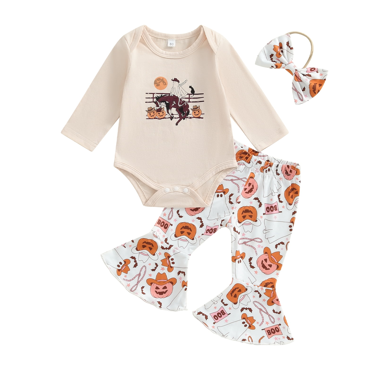 Yunliwuli 3Pcs Baby Girl Halloween Outfits Long Sleeve Romper + Bell Bottoms + Headband Set ...