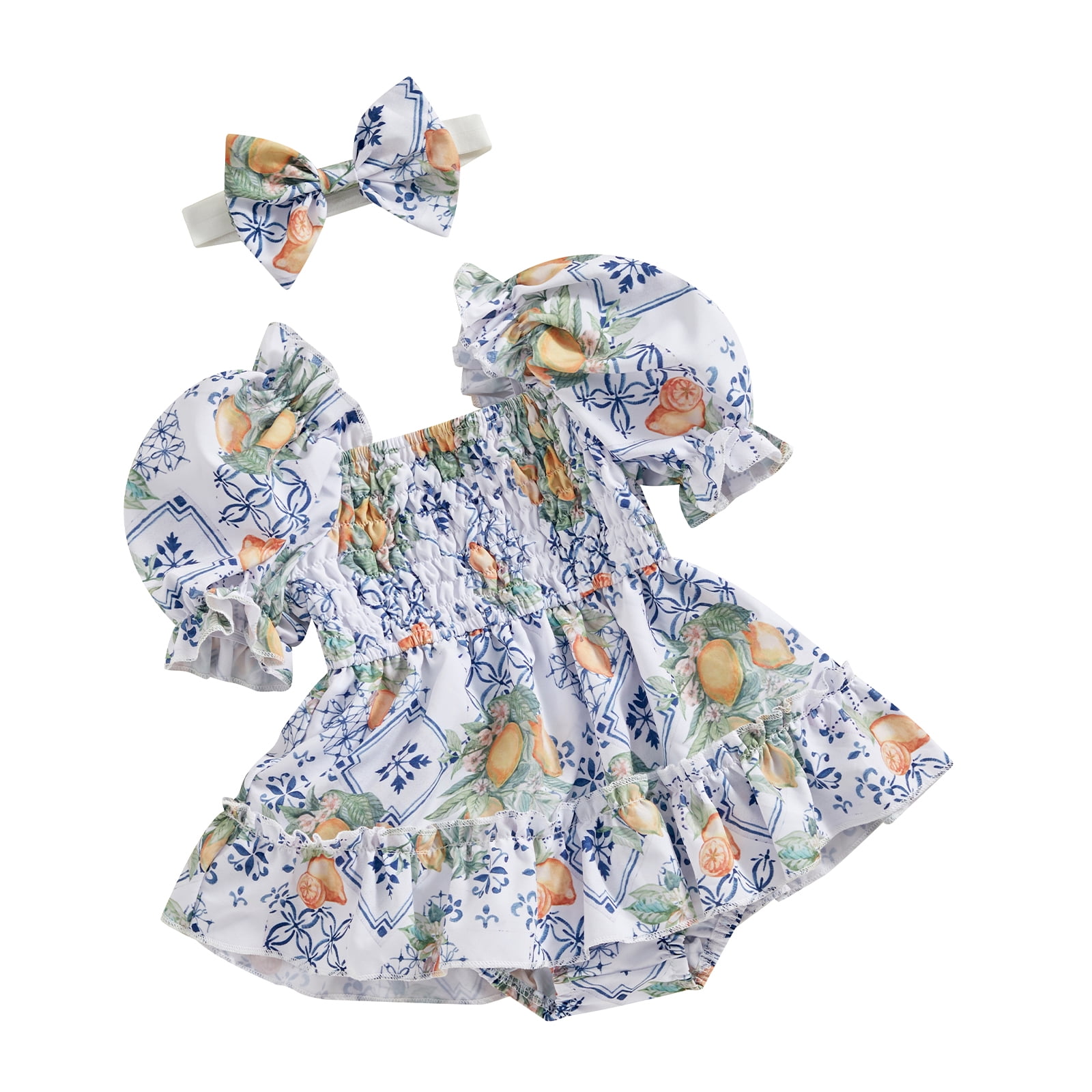 Yunliwuli Baby Girl 2 Piece Outfits Fruit/Flower Print Ruched Short Sleeve Romper Dress with ...