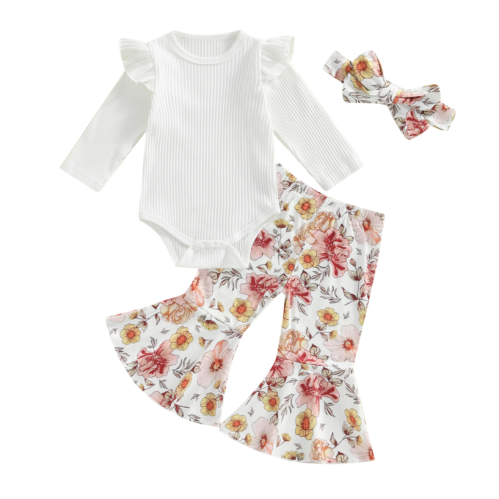 Yunliwuli Baby Girls Fall Outfit, Long Sleeve Romper with Floral Flare Pants and Headband ...