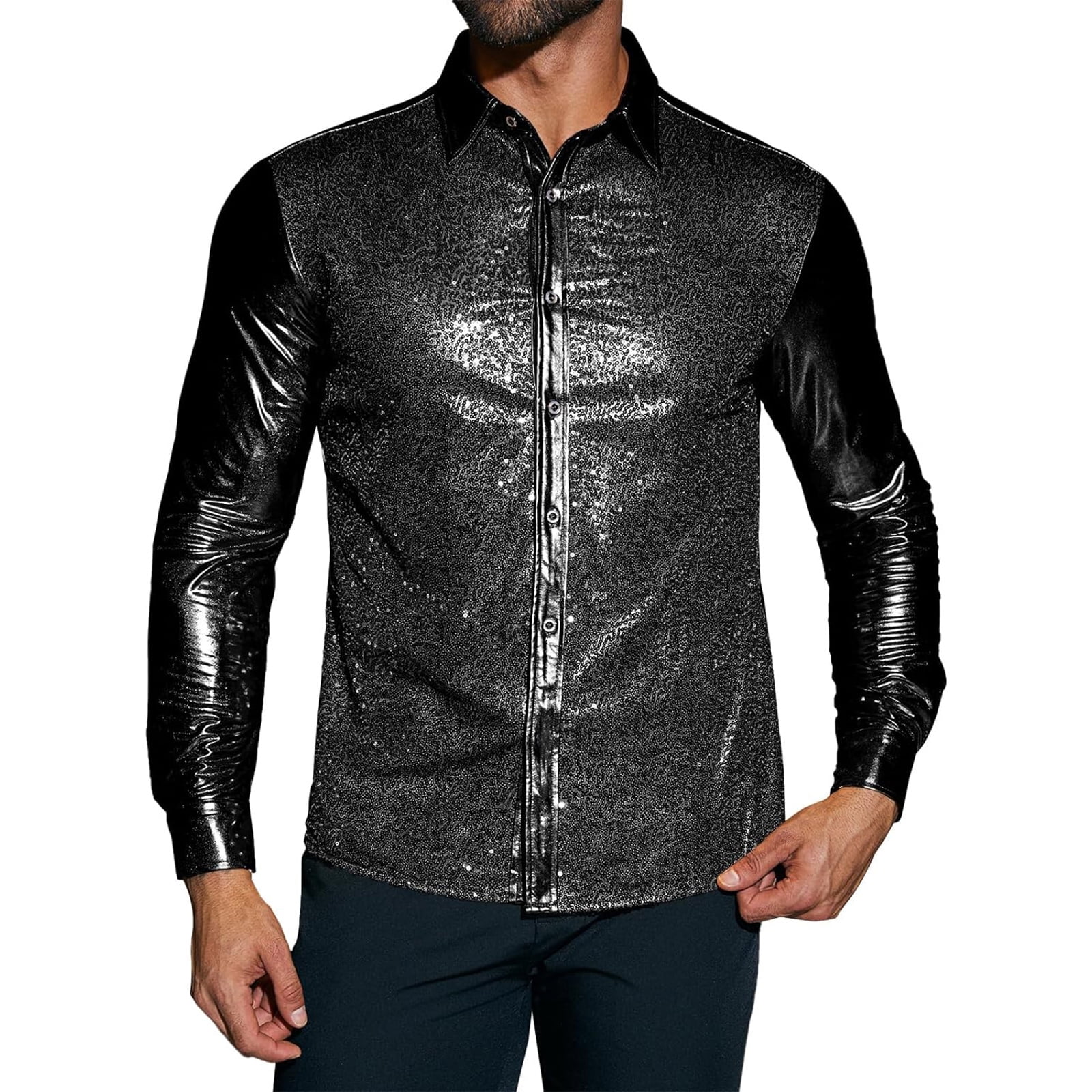 Yunliwuli Men Button Down Glitter Shirts Metallic Long Sleeve Lapel ...