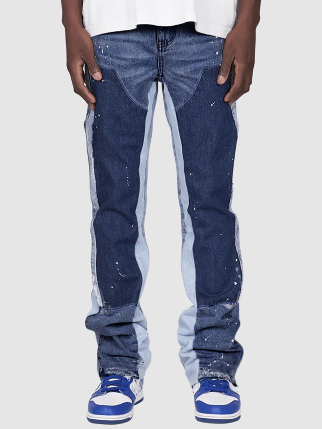 Yunliwuli Men Micro Flare Jeans Fashion Ink-Splatter Patchwork Denim ...