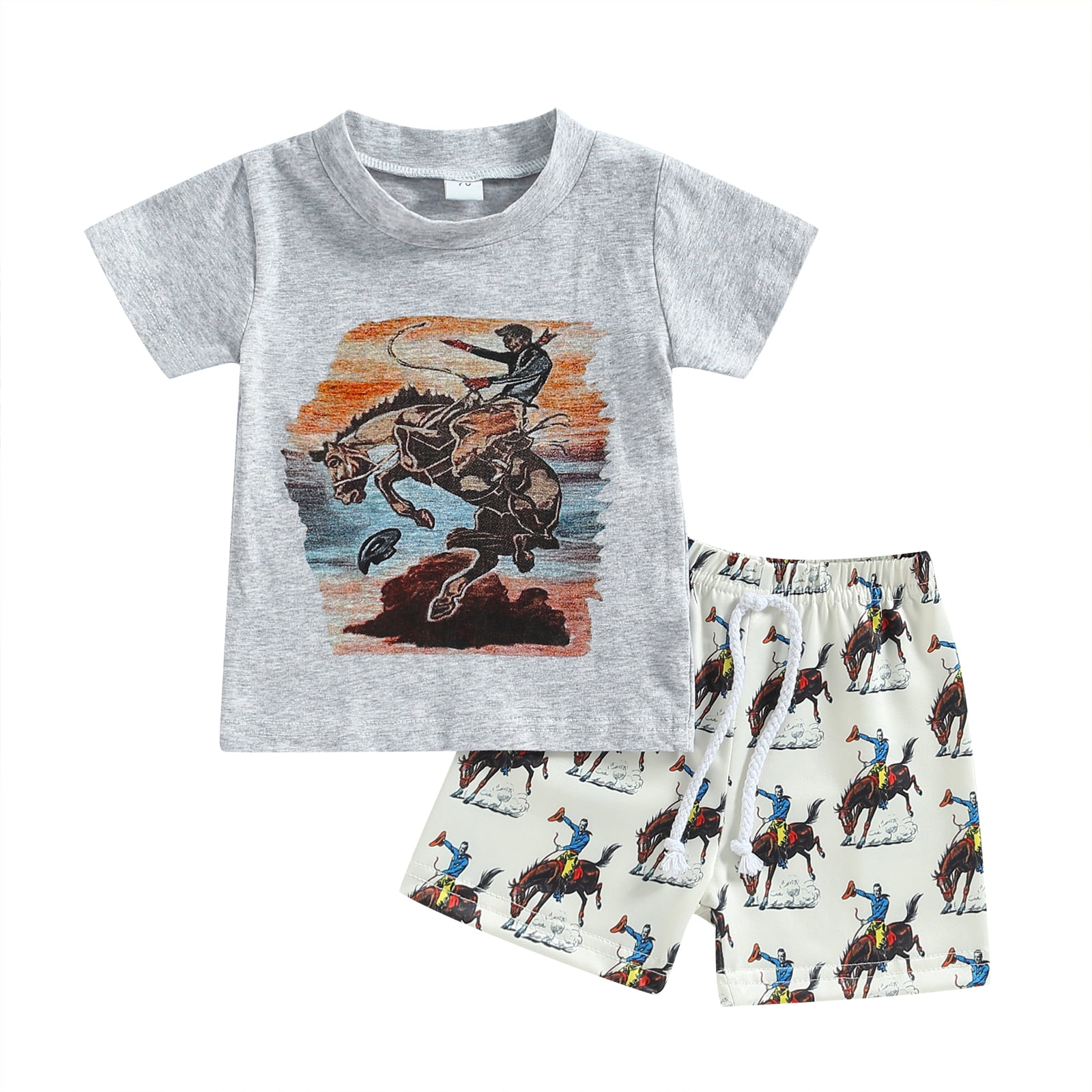 Yunliwuli Toddler Boys Summer Outfits Western Cow Print Short Sleeve T-shirt and Casual Elastic ...