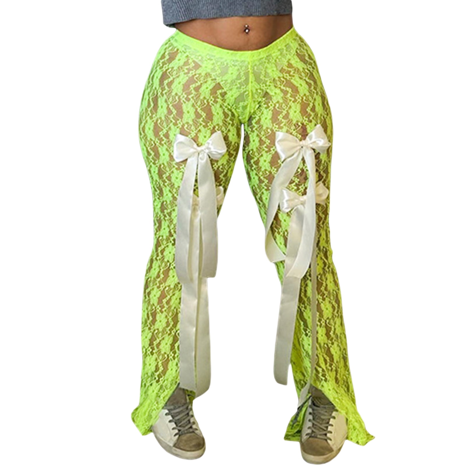 Yunliwuli Women Lace Pants Low Waisted Pants See Through Bows Slit Summer Sheer Pants Trousers