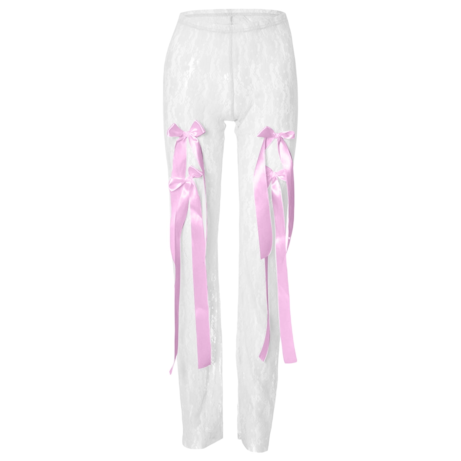 Yunliwuli Women Lace Pants, Low Waisted Pants See-through Bows Slit ...