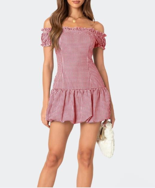 Yunliwuli Women Summer Mini Party Dress Short Sleeve Off Shoulder Plaid ...