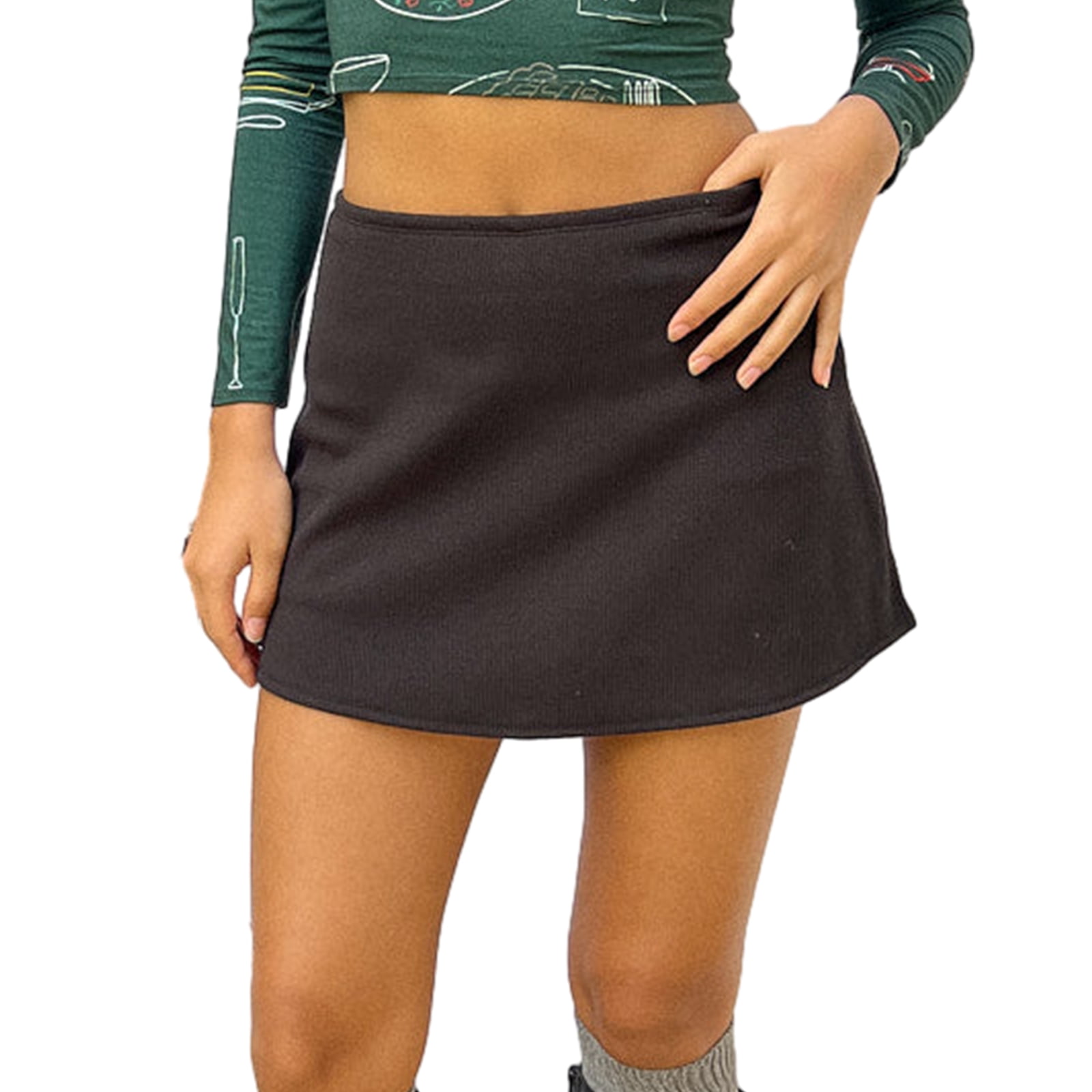 Yunliwuli Women's Fashion Mini Skirts Solid Color Elastic Waist Skirts ...
