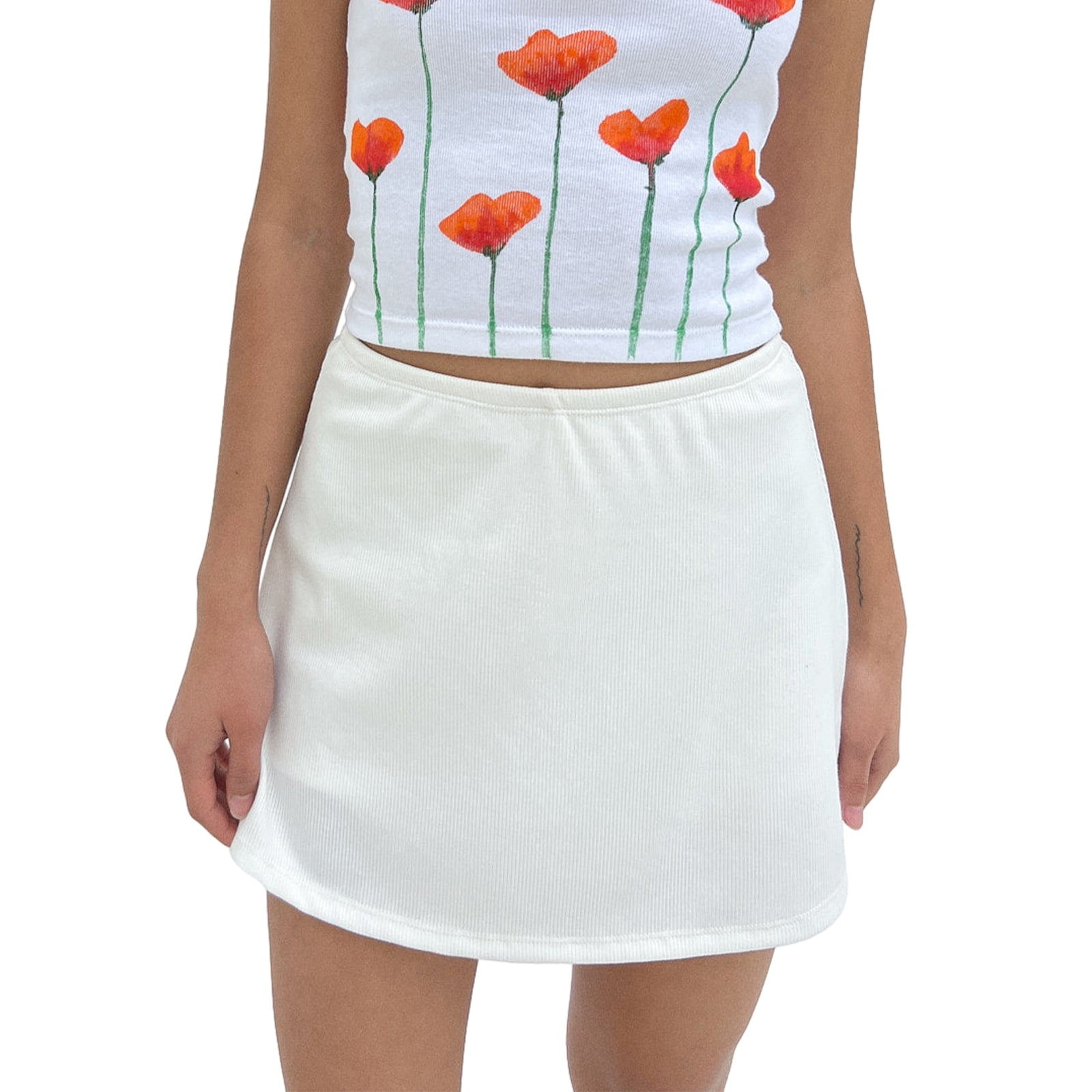 Yunliwuli Women's Fashion Mini Skirts Solid Color Elastic Waist Skirts ...