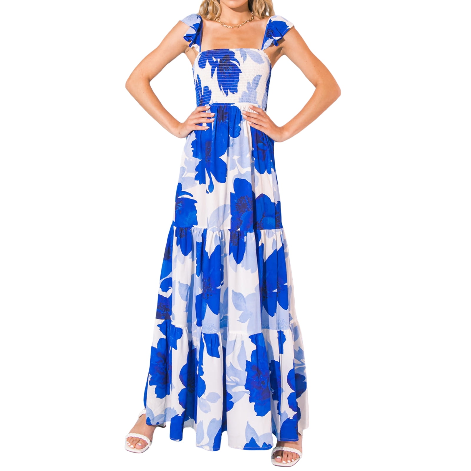 Yunliwuli Women's Long Slim Dress Flying Sleeve Open Back Low Cut ...