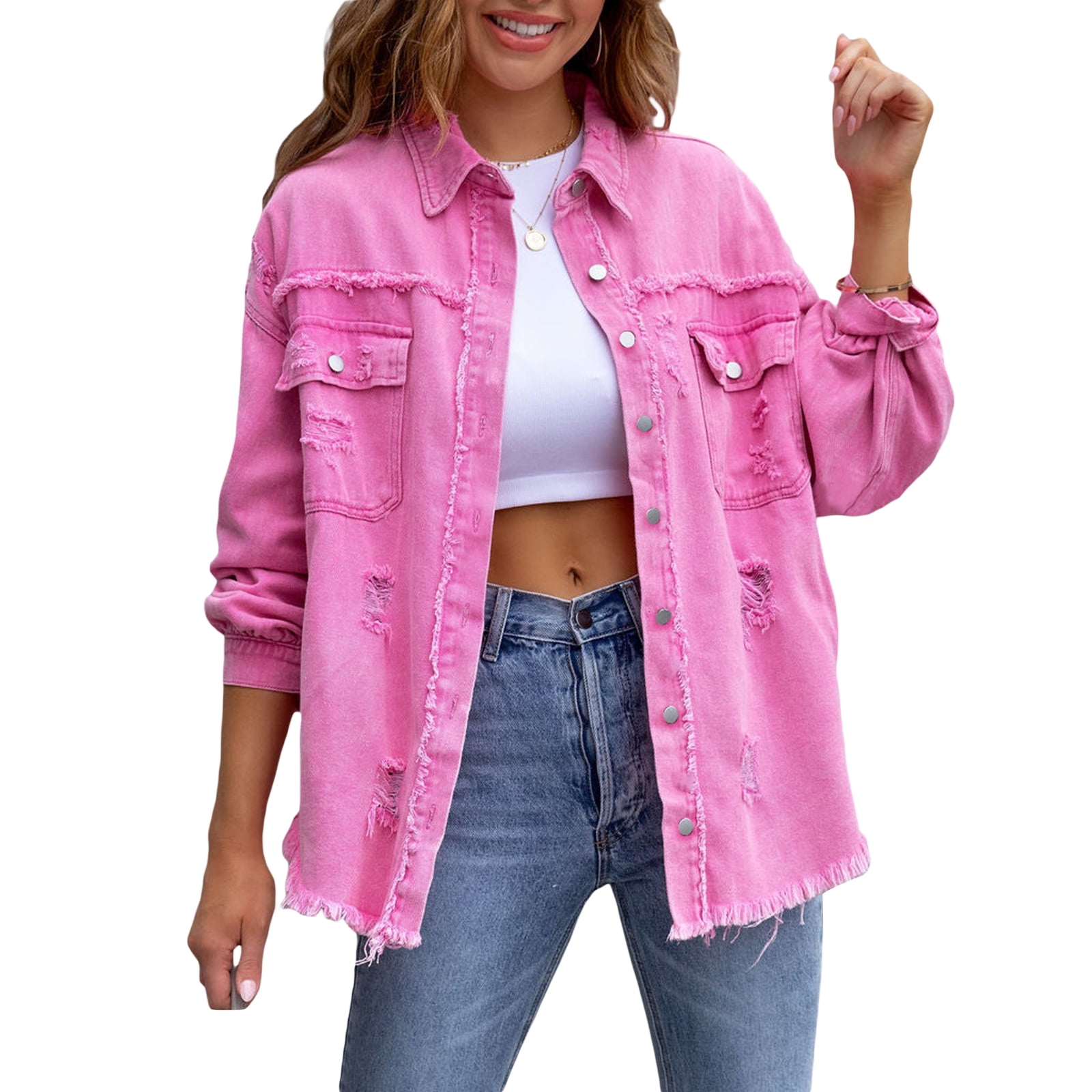Yunliwuli Women's Ripped Distressed Denim Jacket Long Sleeve Button ...