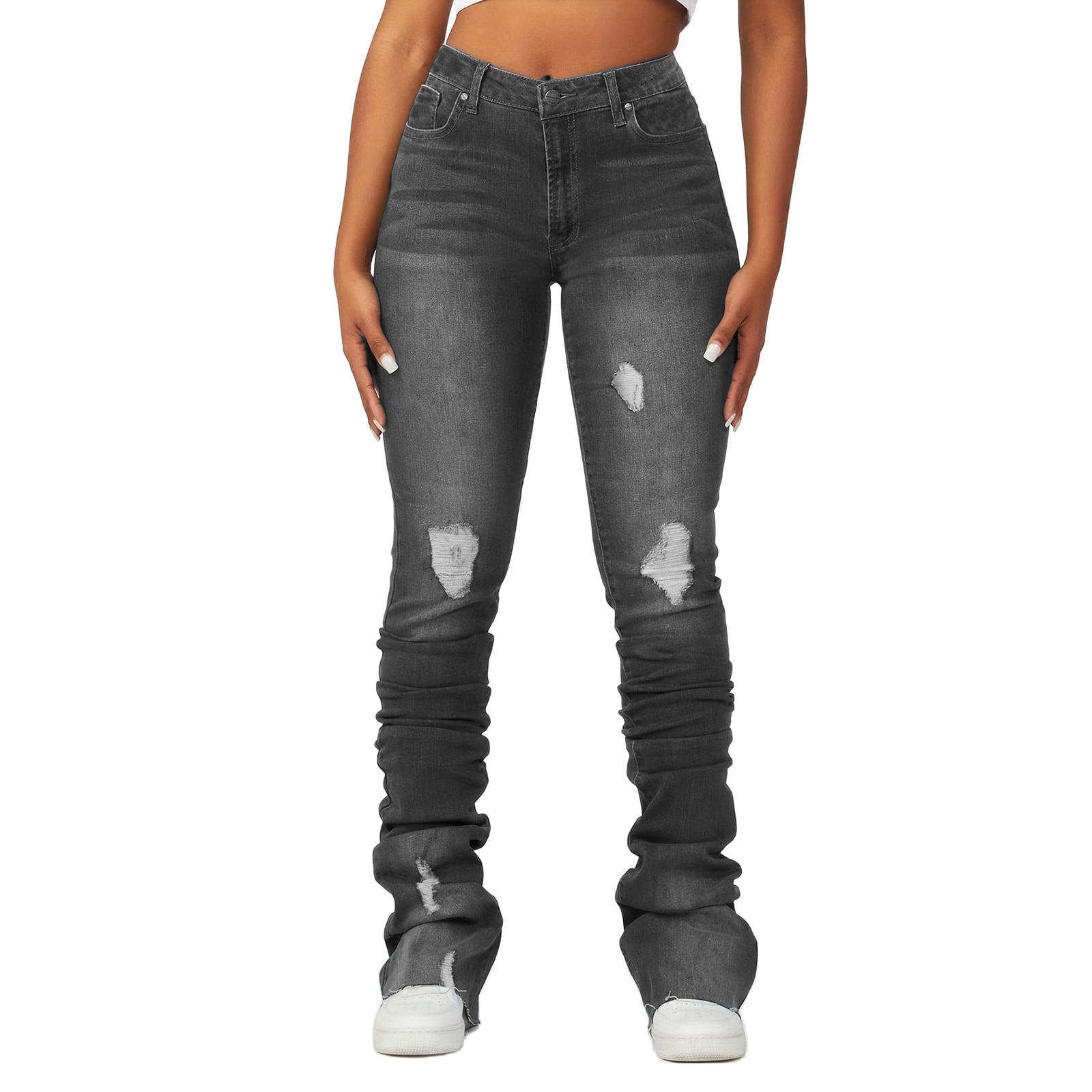 Yunliwuli Women’s Ripped Stacked Jeans Fashion High Rise Solid Color ...