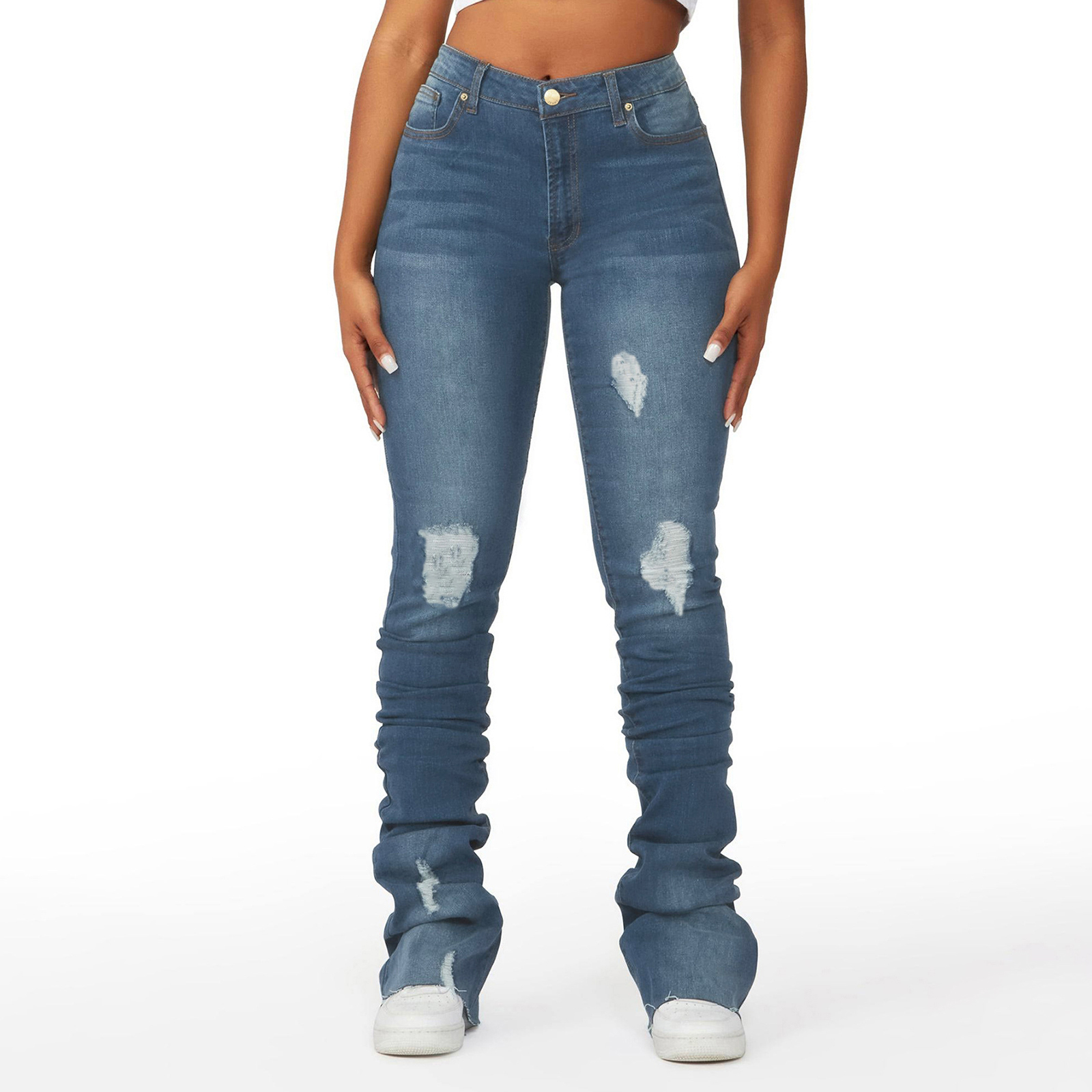 Yunliwuli Women’s Ripped Stacked Jeans Fashion High Rise Solid Color ...