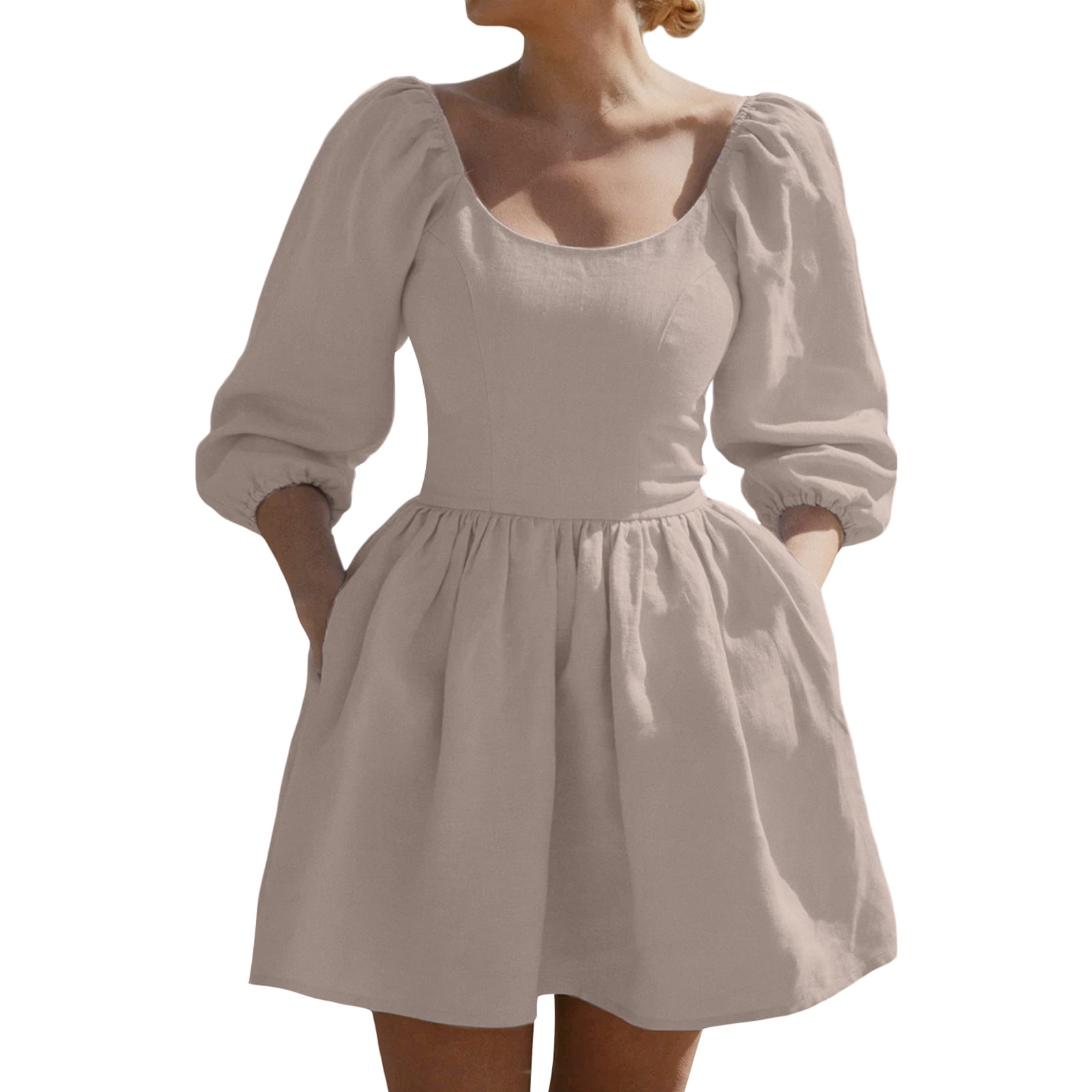 Yunliwuli Women’s Summer A-Line Dress Elegant Puff Sleeve Scoop Neck ...