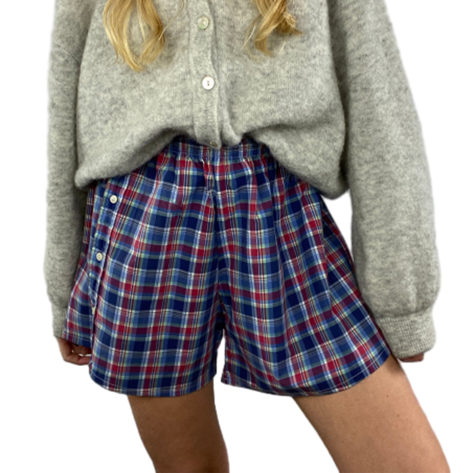 Yunliwuli Women's Summer Casual Plaid Shorts Elastic Band Wide Leg ...
