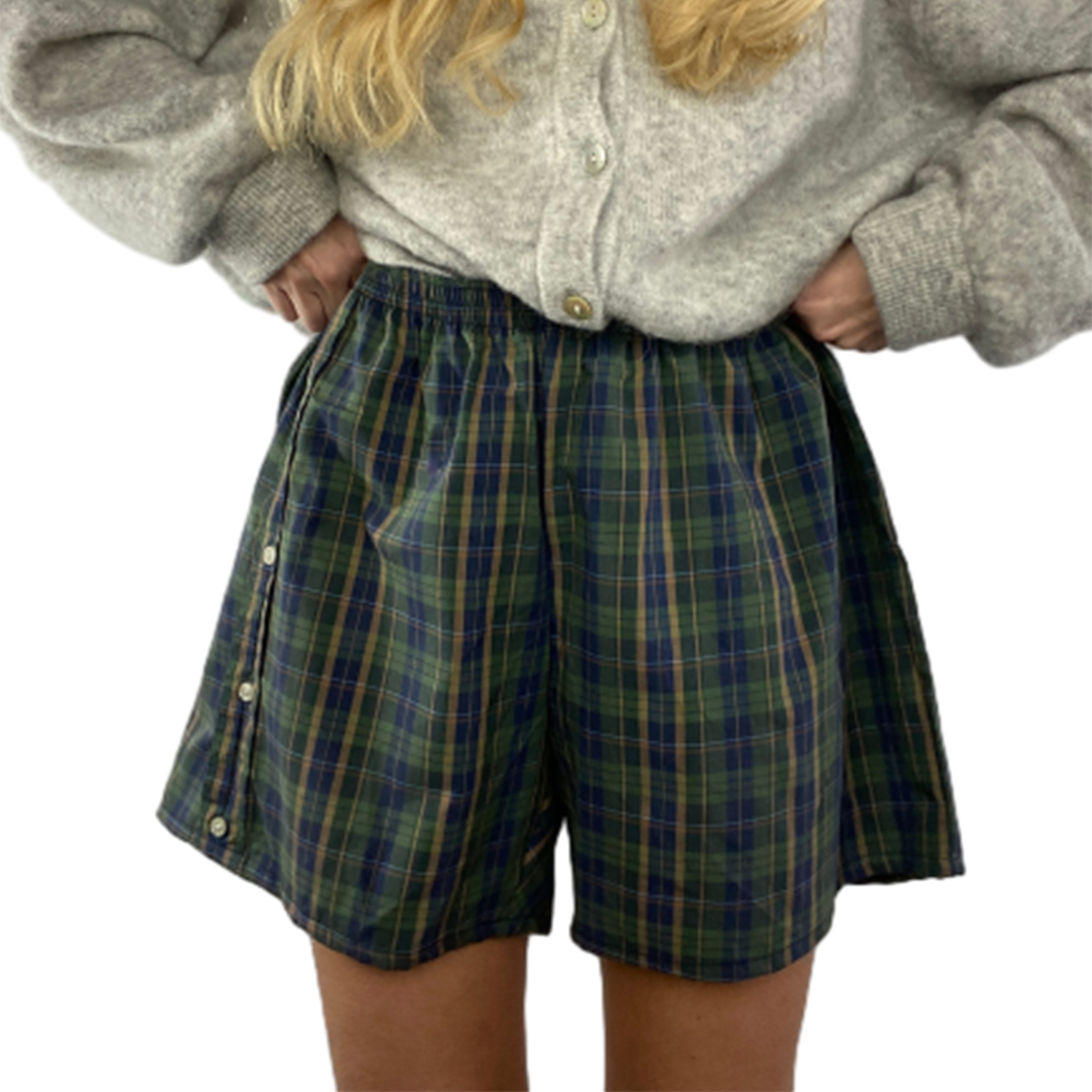Yunliwuli Women's Summer Casual Plaid Shorts Elastic Band Wide Leg ...
