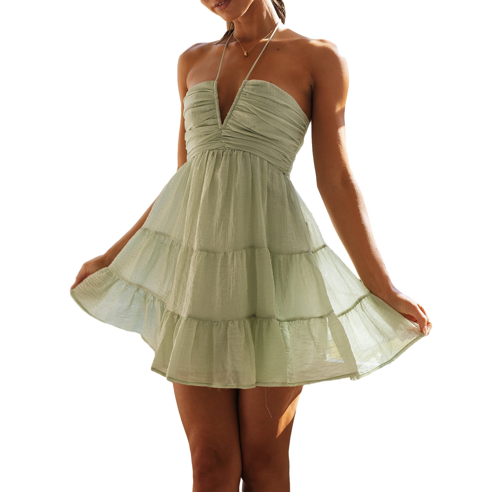 Yunliwuli Women's Summer Mini Dress Casual Sleeveless Halter Neck Flowy ...
