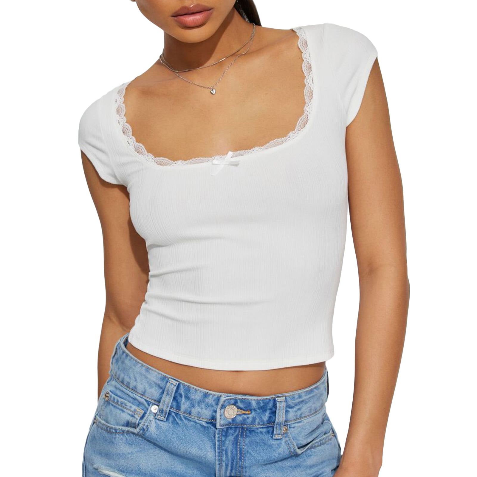 Yunliwuli Women's Summer Slim Fit Tops Cap Sleeve U Neck Lace Trim ...