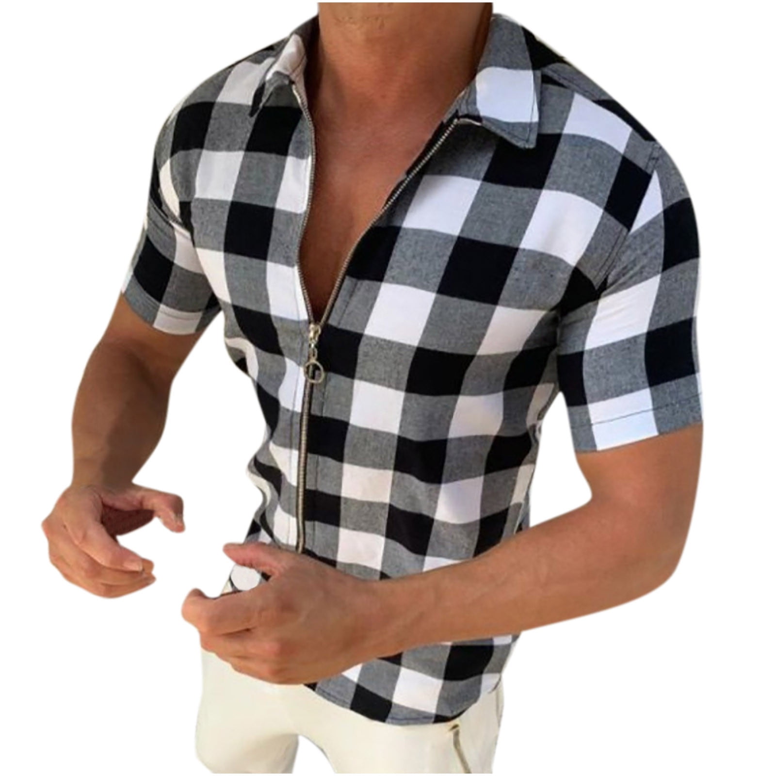 Yunmic Shirts Clearance Summer Men Short Sleeve Turndown Lattice Zip Up ...