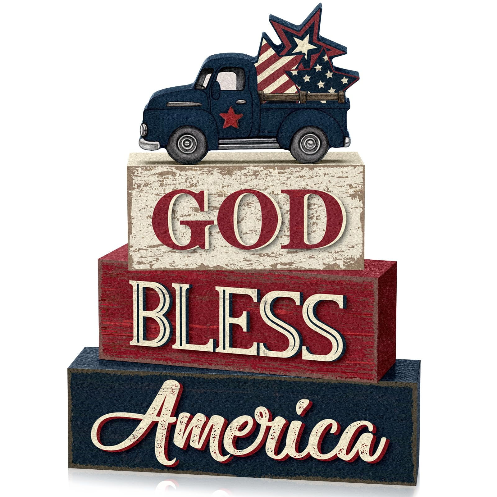 Yuntau 4 Pcs Patriotic 4th of ATT1July Tabletop Memorial Day Wood Block ...