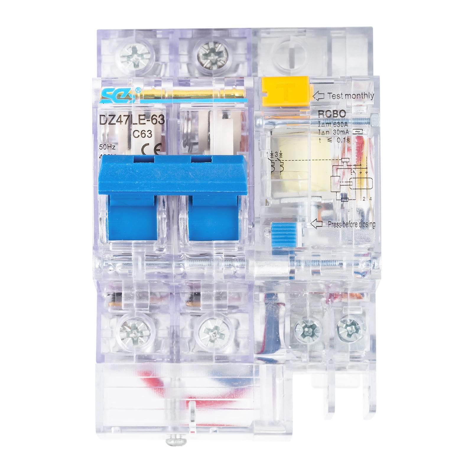 Yunuqso Transparent Circuit Breaker, DZ47LE-63 2P C63 Small Circuit ...