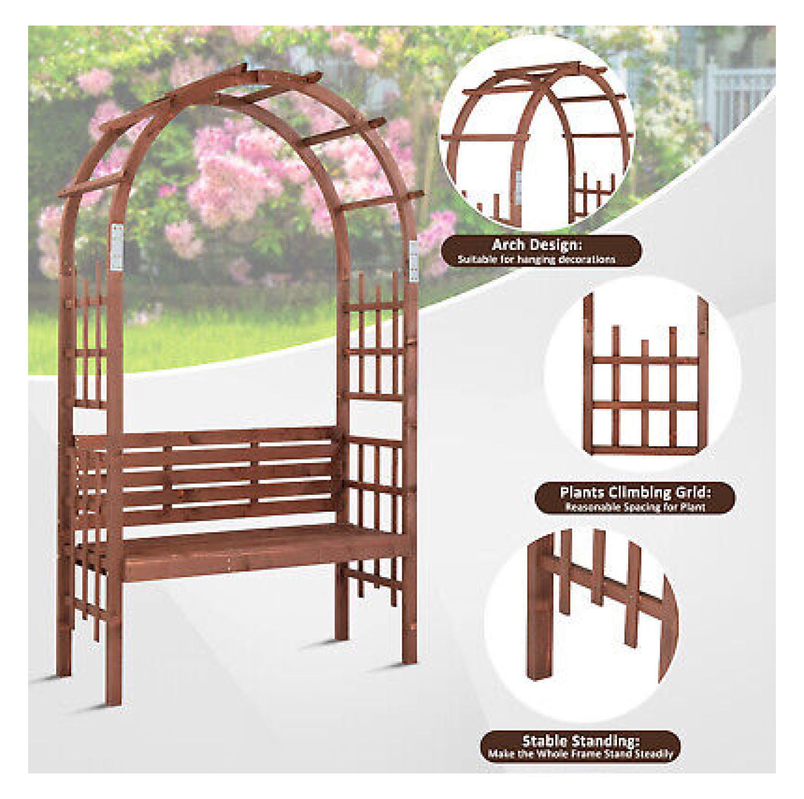 Yunwen 2-in-1 Arbor 6.8FT Wooden Garden Arch Removable Bench Trellis ...