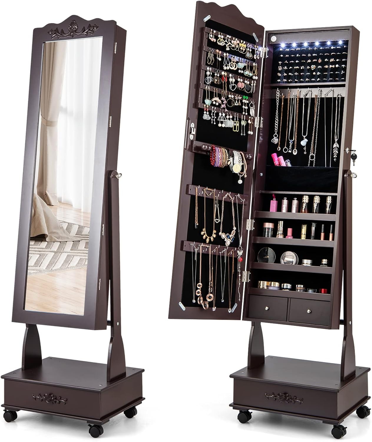 Yunwen 6 LEDs Mirror Jewelry Cabinet with Wheels, Lockable Jewelry ...