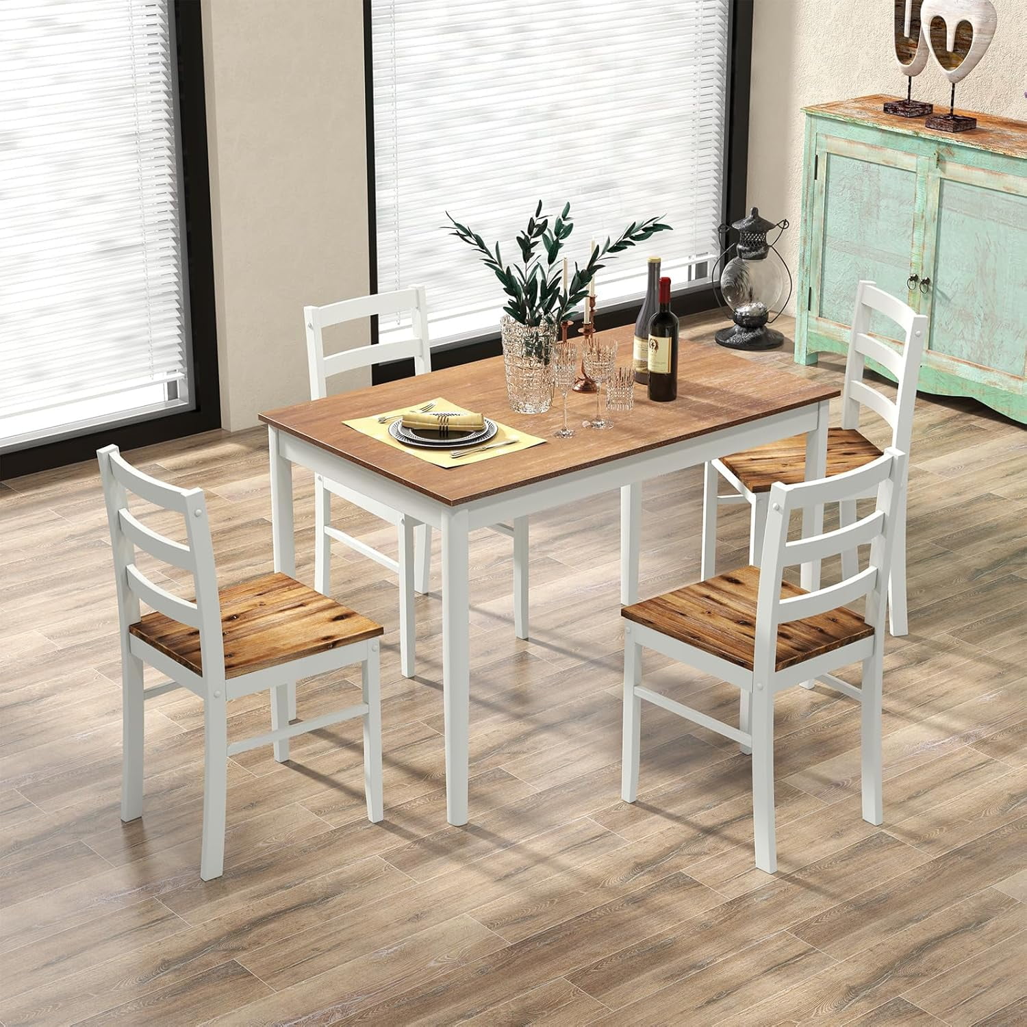 Yunwen Dining Table Set for 4, Wood Kitchen Table Chairs Set with Rubber Wood Legs, Space-Saving ...
