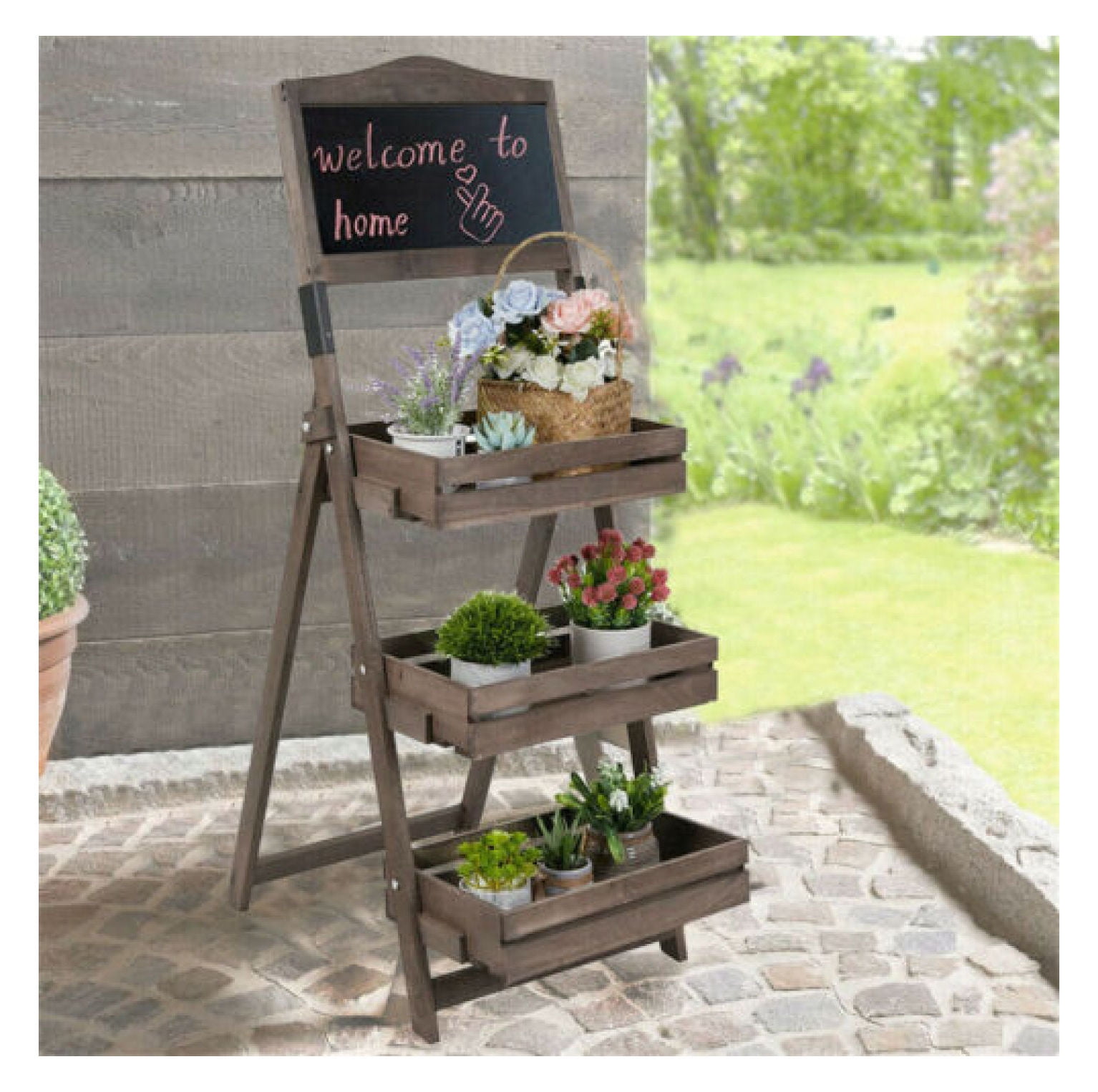 Yunwen Folding Wood A-Frame Pavement Chalkboard With 3 Tier Ladder ...