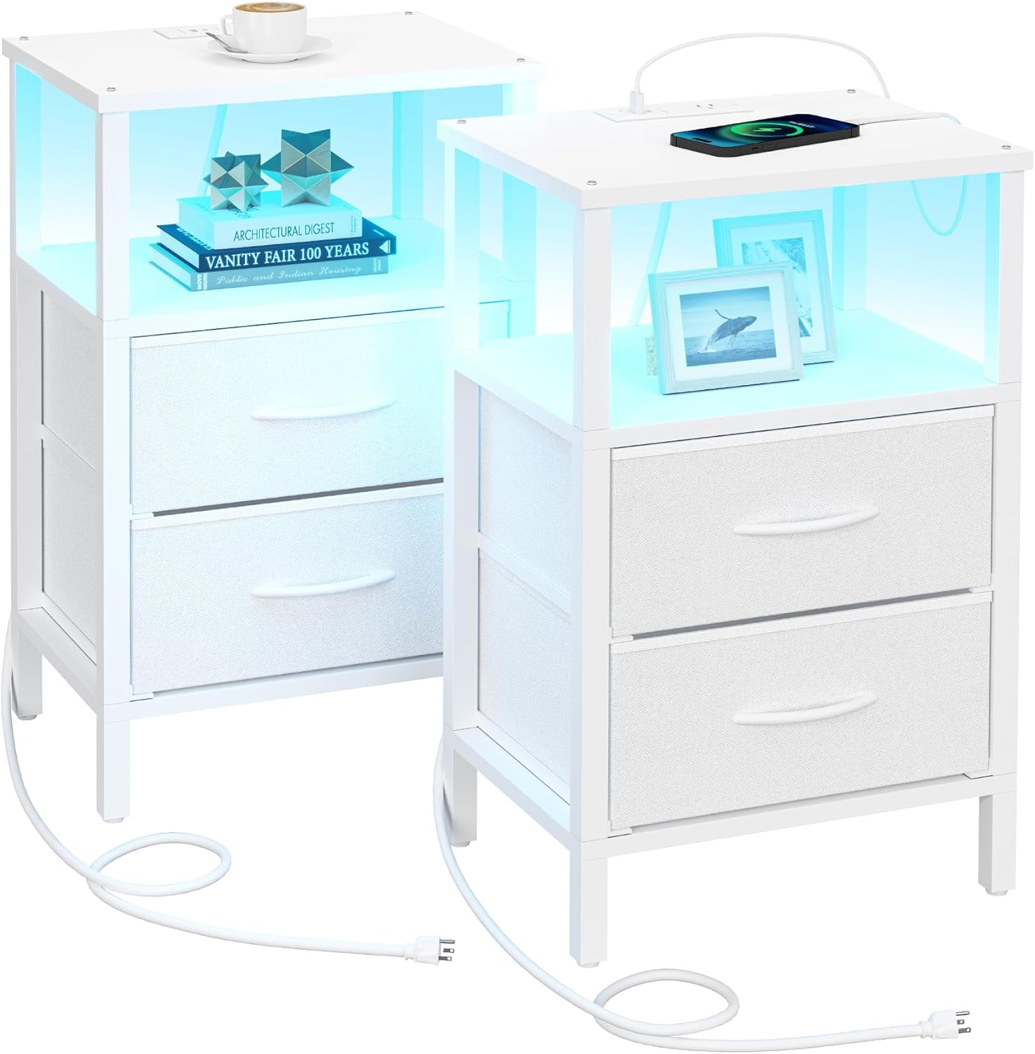 Yunwen LED End Table with Charging Station, Nightstand with Cloth ...