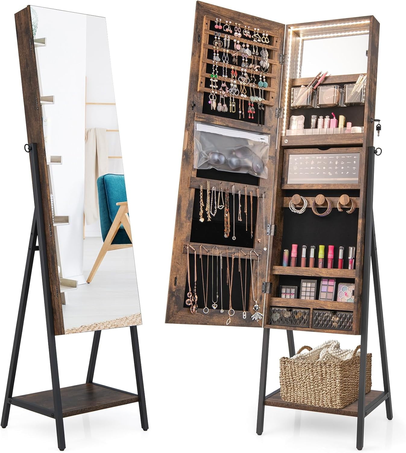 Yunwen LED Full Length Mirror Jewelry Cabinet, Standing Jewelry ...