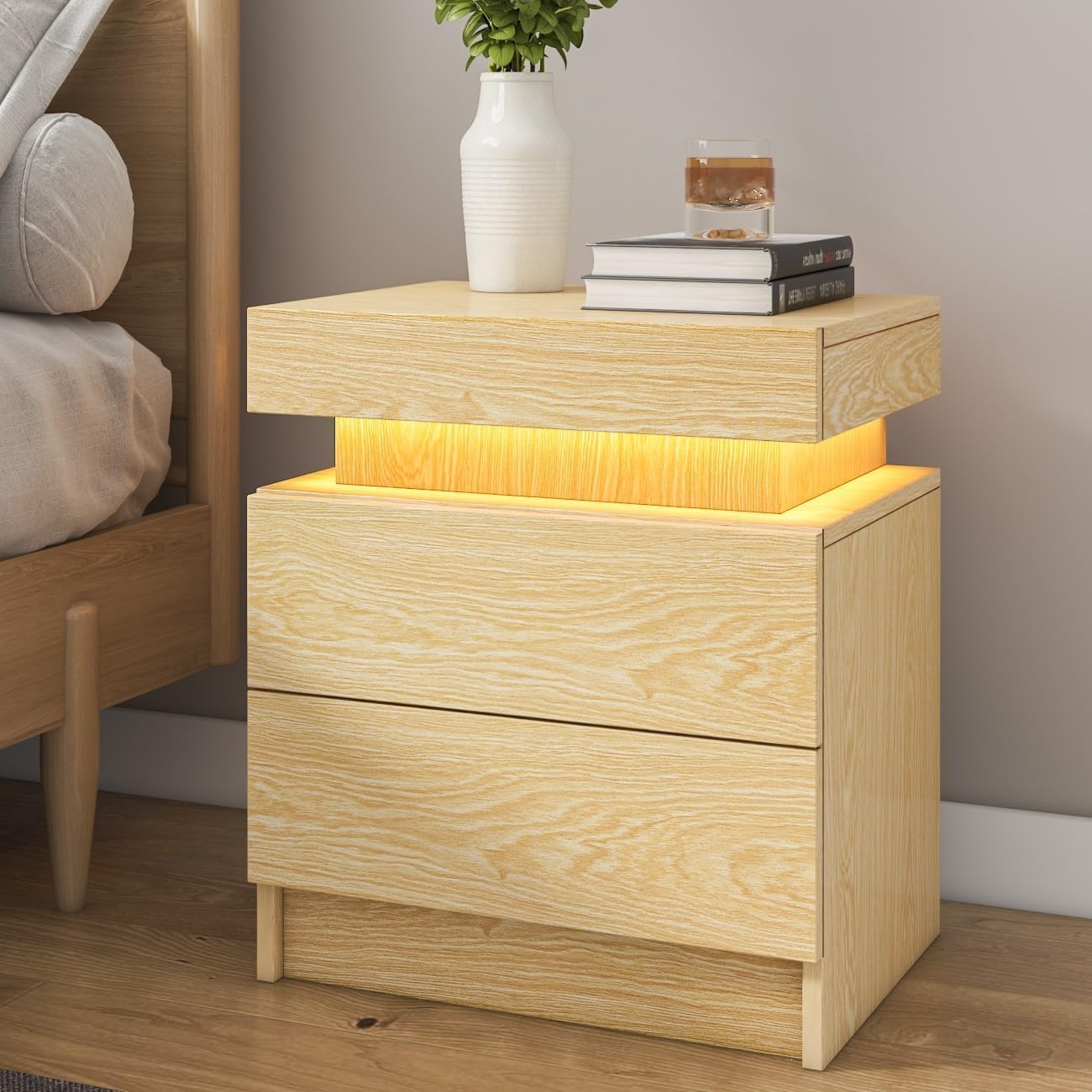 Yunwen LED Nightstand Wood Bedside Table with Led Lights Modern LED ...