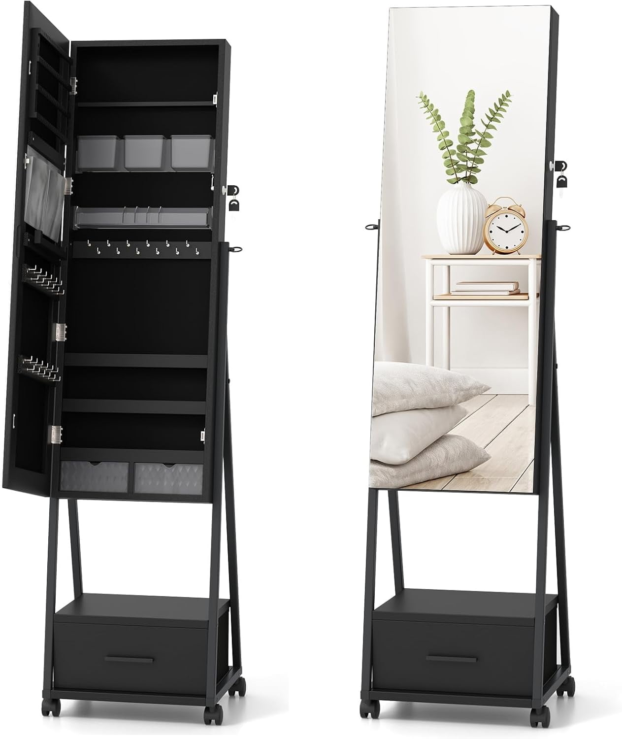 Yunwen Mirror Jewelry Cabinet with Wheels, Standing Full-length Mirror ...