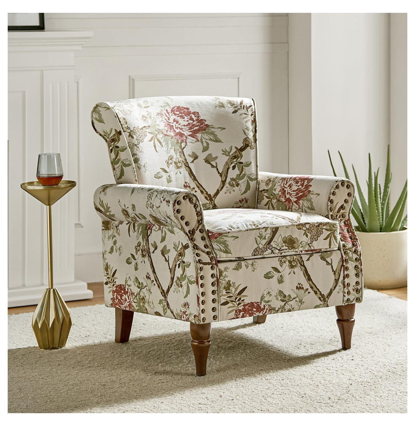 Yunwen Modern Accent Chair with Wooden Legs & Nailhead Trim, Floral Pattern Fabric Sofa Chair ...